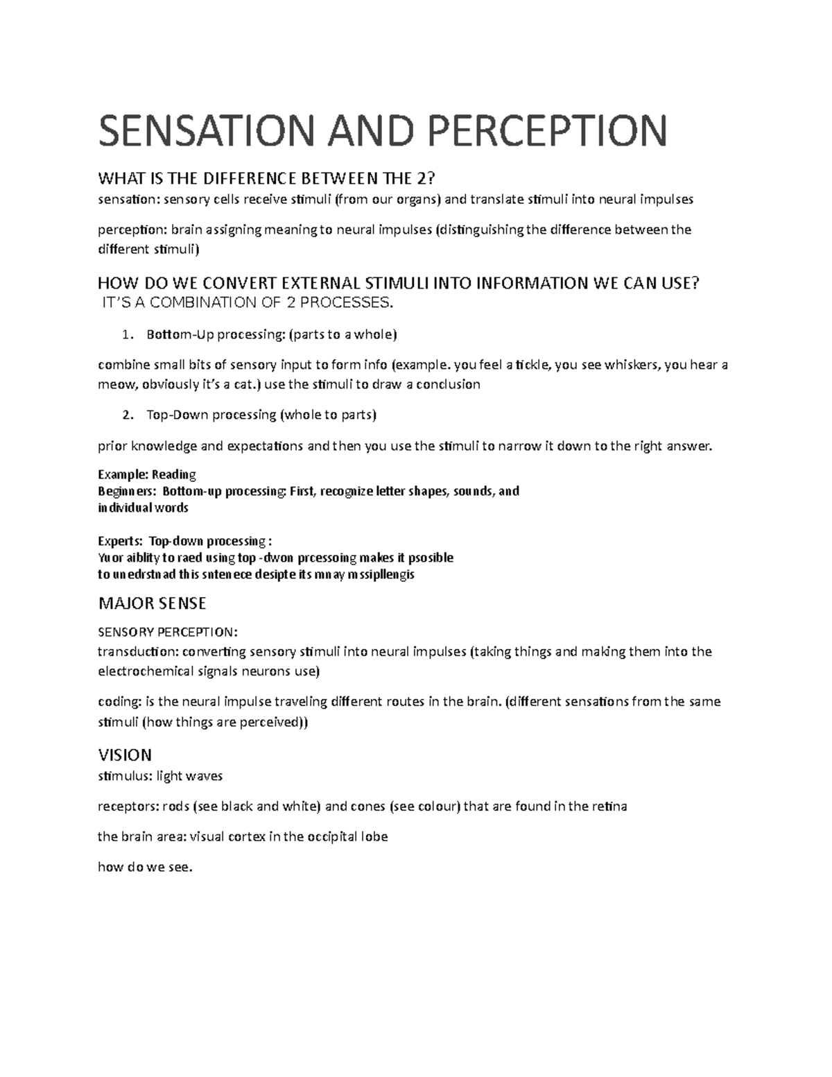 Difference Between Sensation and Perception - Studocu