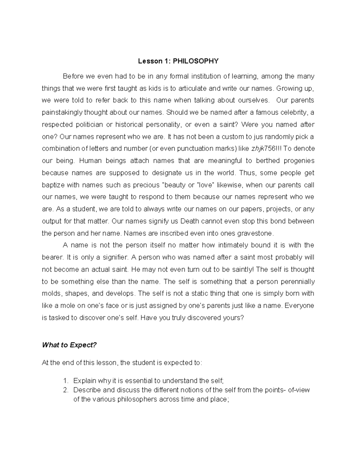 Understanding the self - Lesson 1: PHILOSOPHY Before we even had to be ...