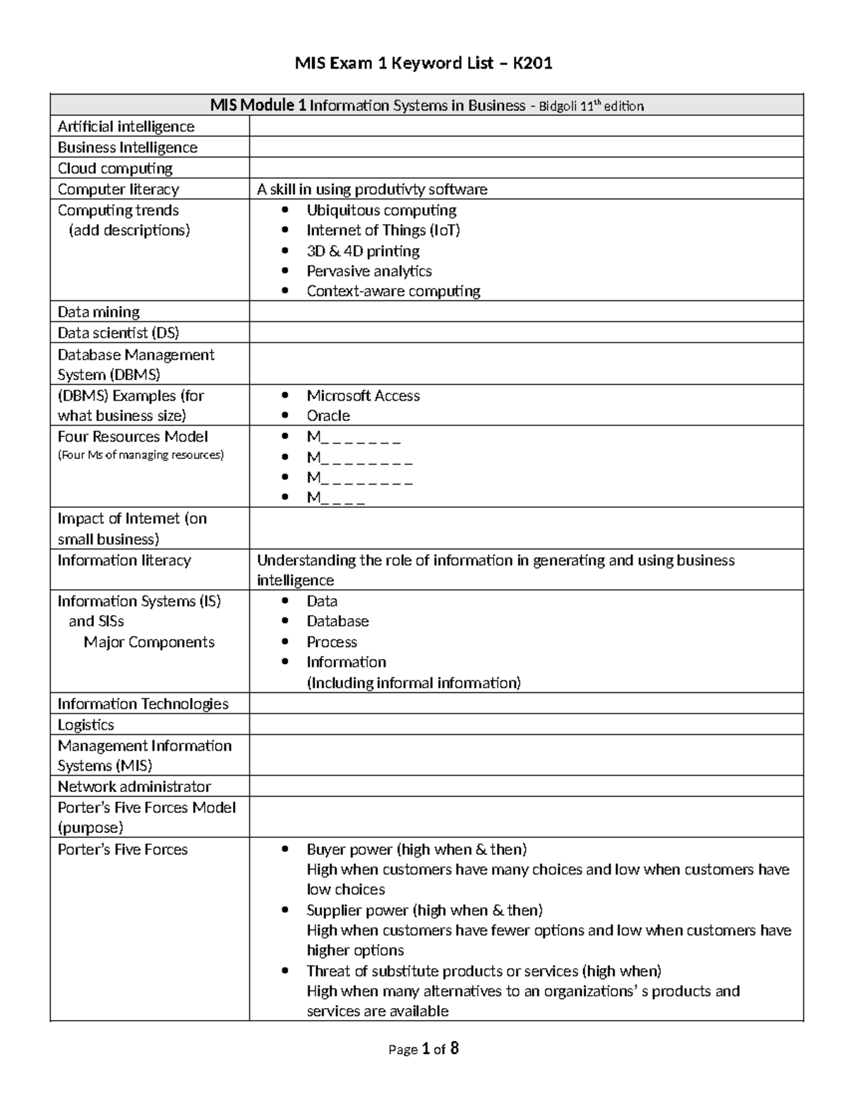 MIS Exam 1 Keyword List - Definitions - MIS Module 1 Information ...