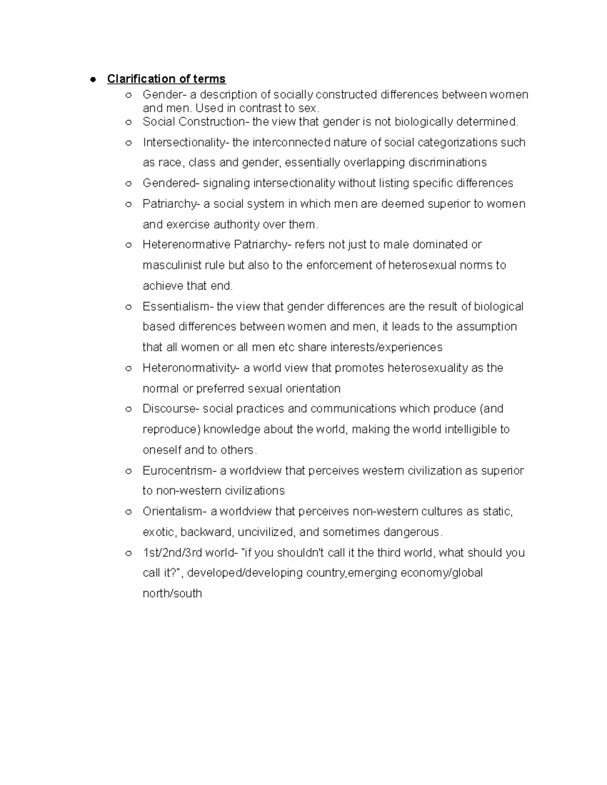 Clarification of terms - Used in contrast to sex. Social Construction ...