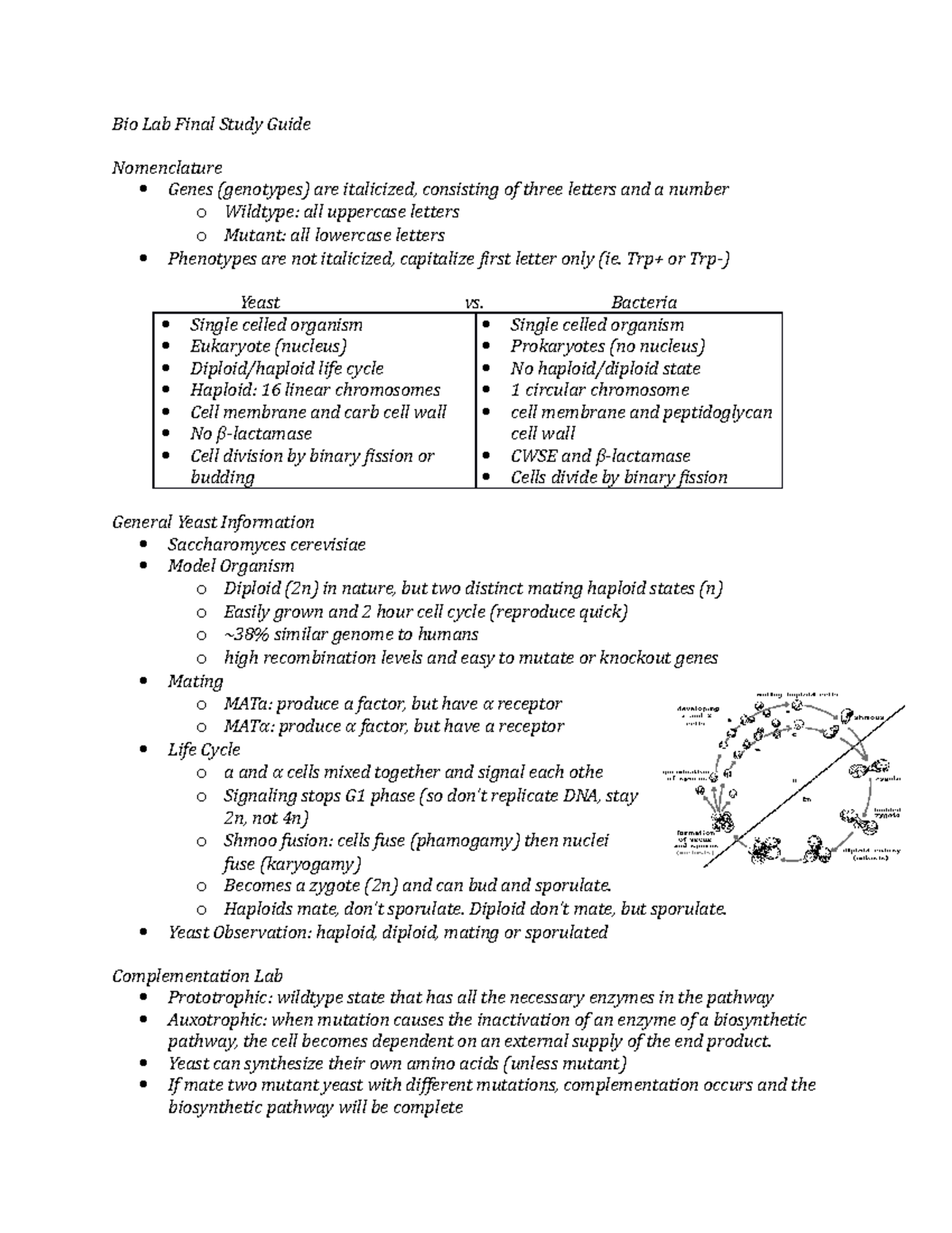 Bio Lab Final Study Guide - or Yeast vs. Single celled organism ...