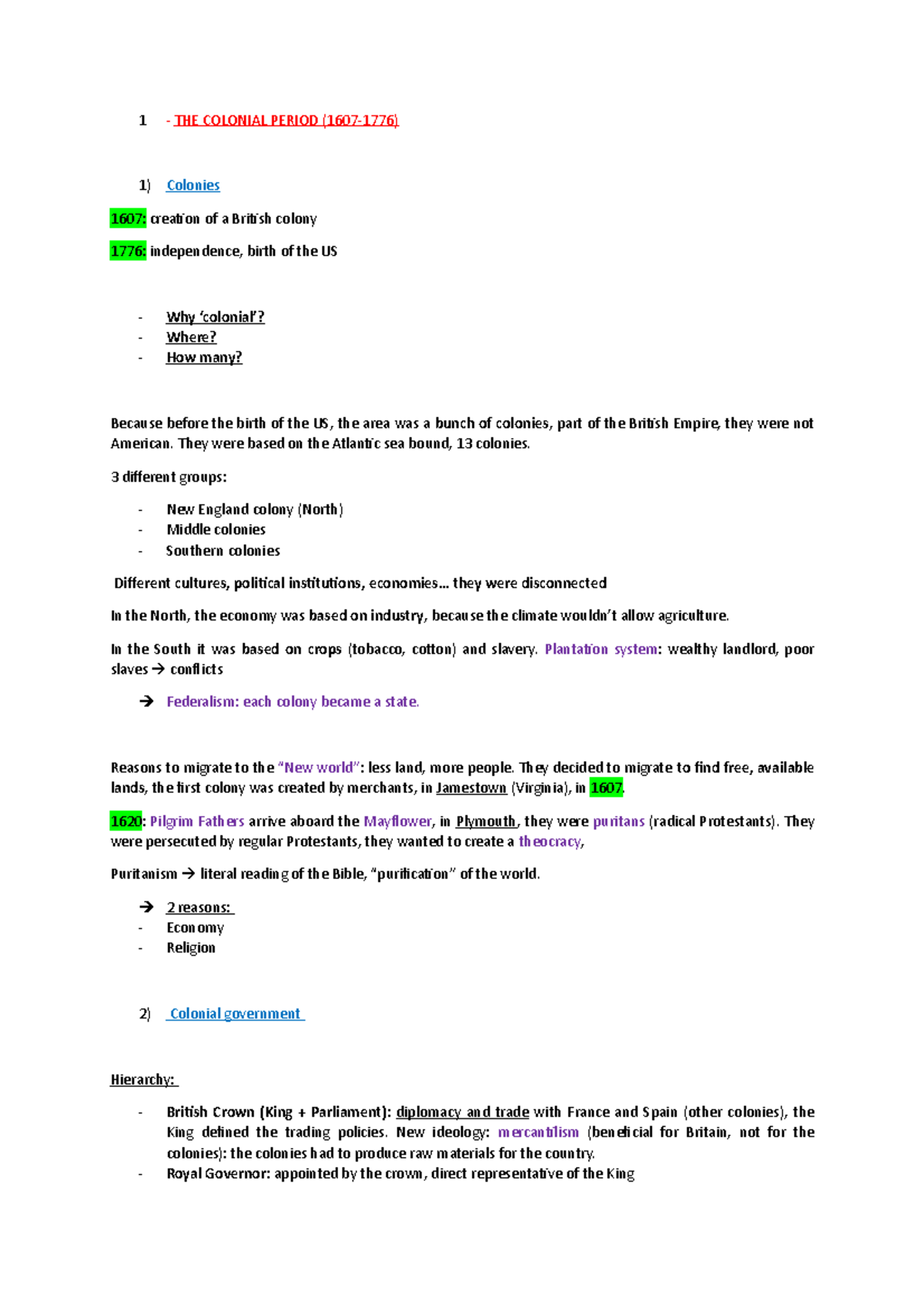1 - The colonial period (1607-1776) - 1 THE COLONIAL PERIOD 1) Colonies ...