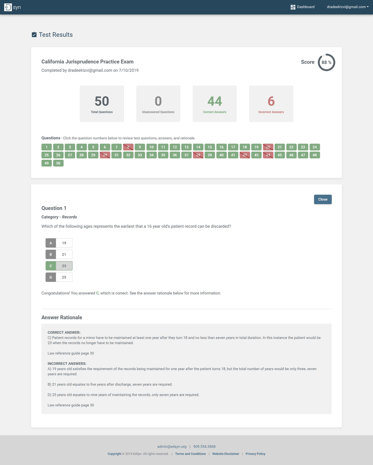 50 Questions PTA - Mi Dashboard Test Results California Jurisprudence ...