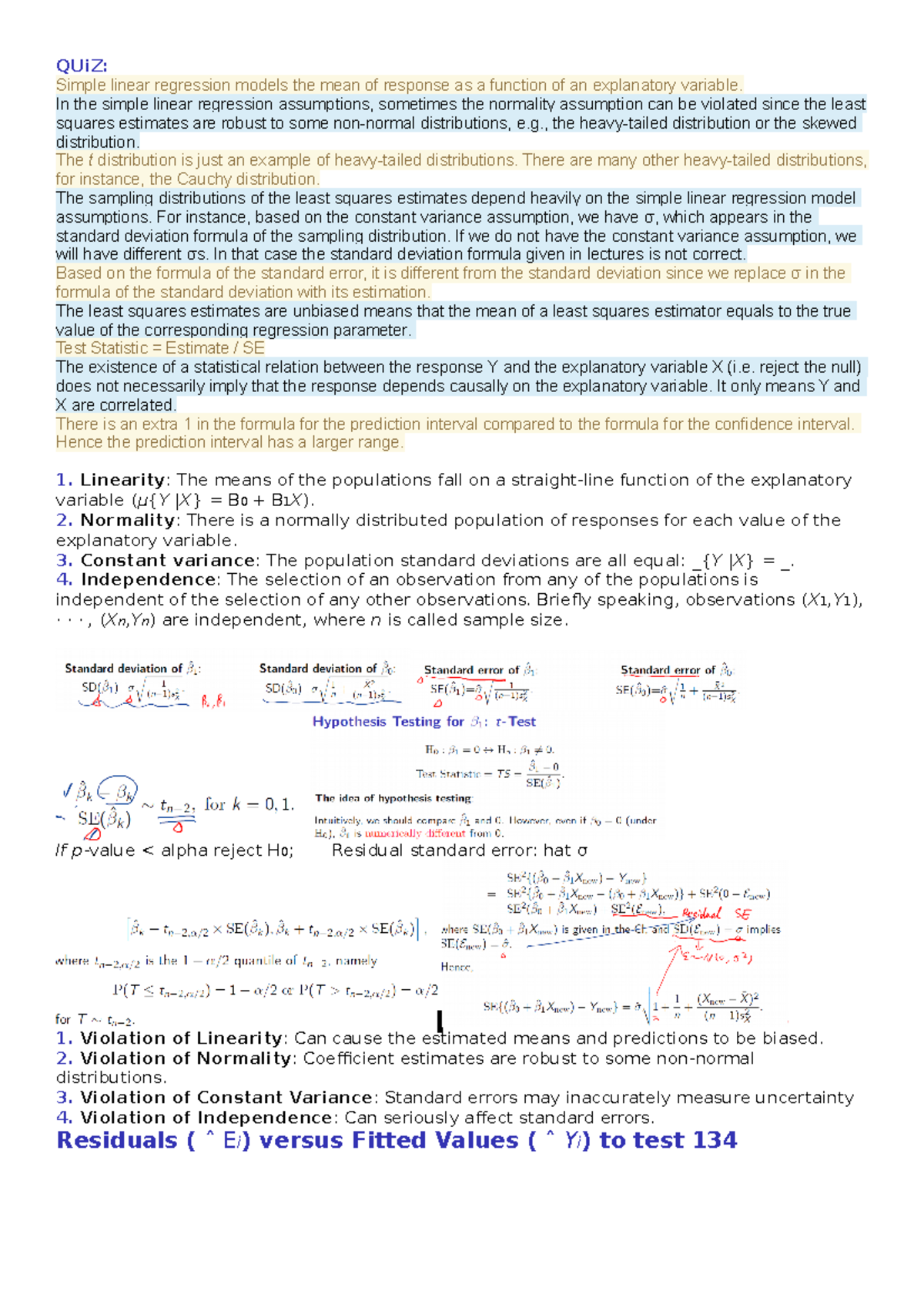 STAT7001 Exam Cheat Sheet - QUiZ: Simple linear regression models the ...