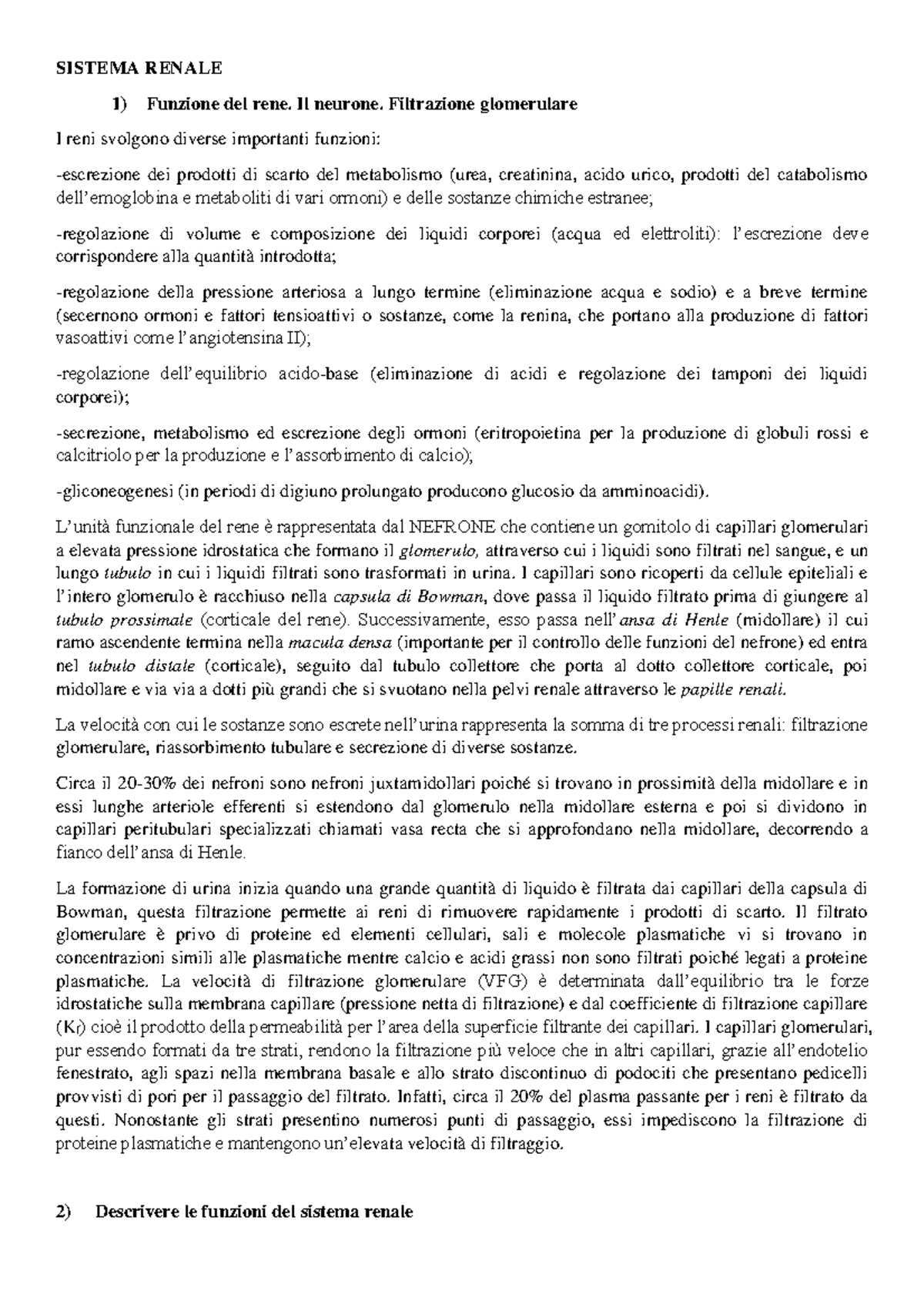 fisiologia-summaries for exam - SISTEMA RENALE 1) Funzione del rene. Il ...