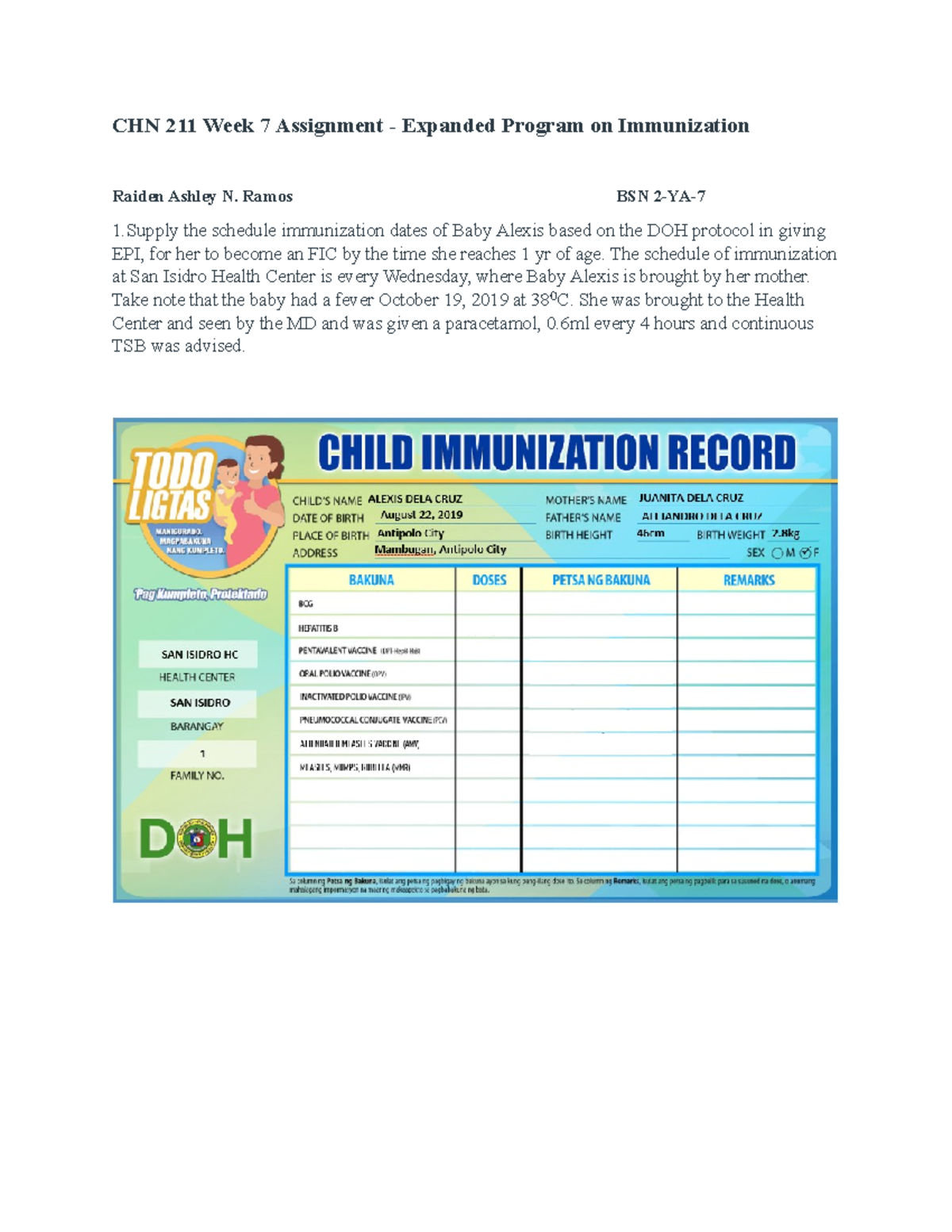 CHN 211 Week 7 Assignment - CHN 211 Week 7 Assignment - Expanded Program on Immunization Raiden ...