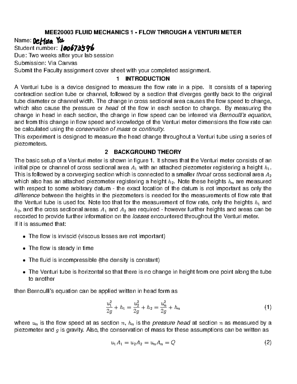Lab venturi - MEE20003 FLUID MECHANICS 1 - FLOW THROUGH A VENTURI METER Name: Student number ...