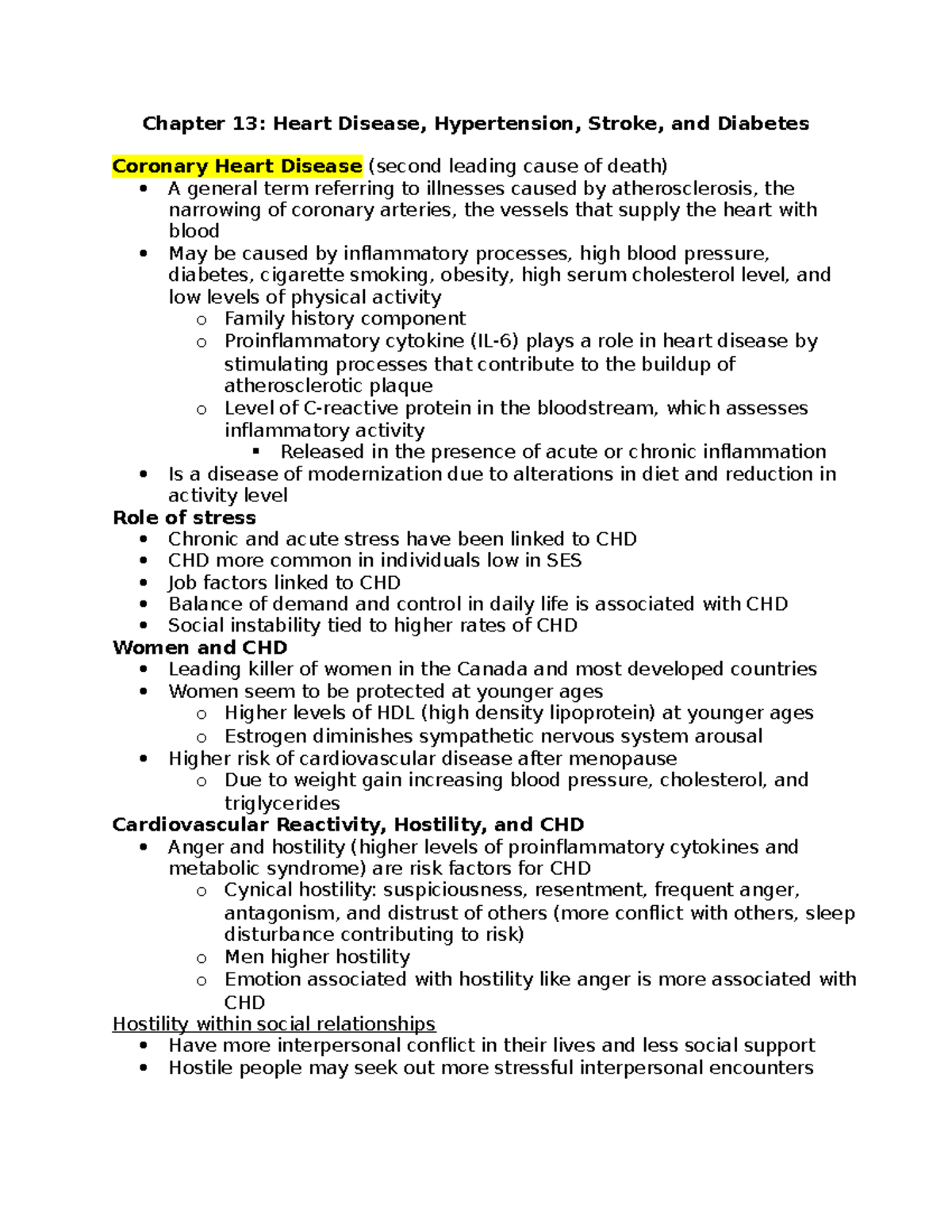 Chapter 13 - Notes - Chapter 13: Heart Disease, Hypertension, Stroke ...