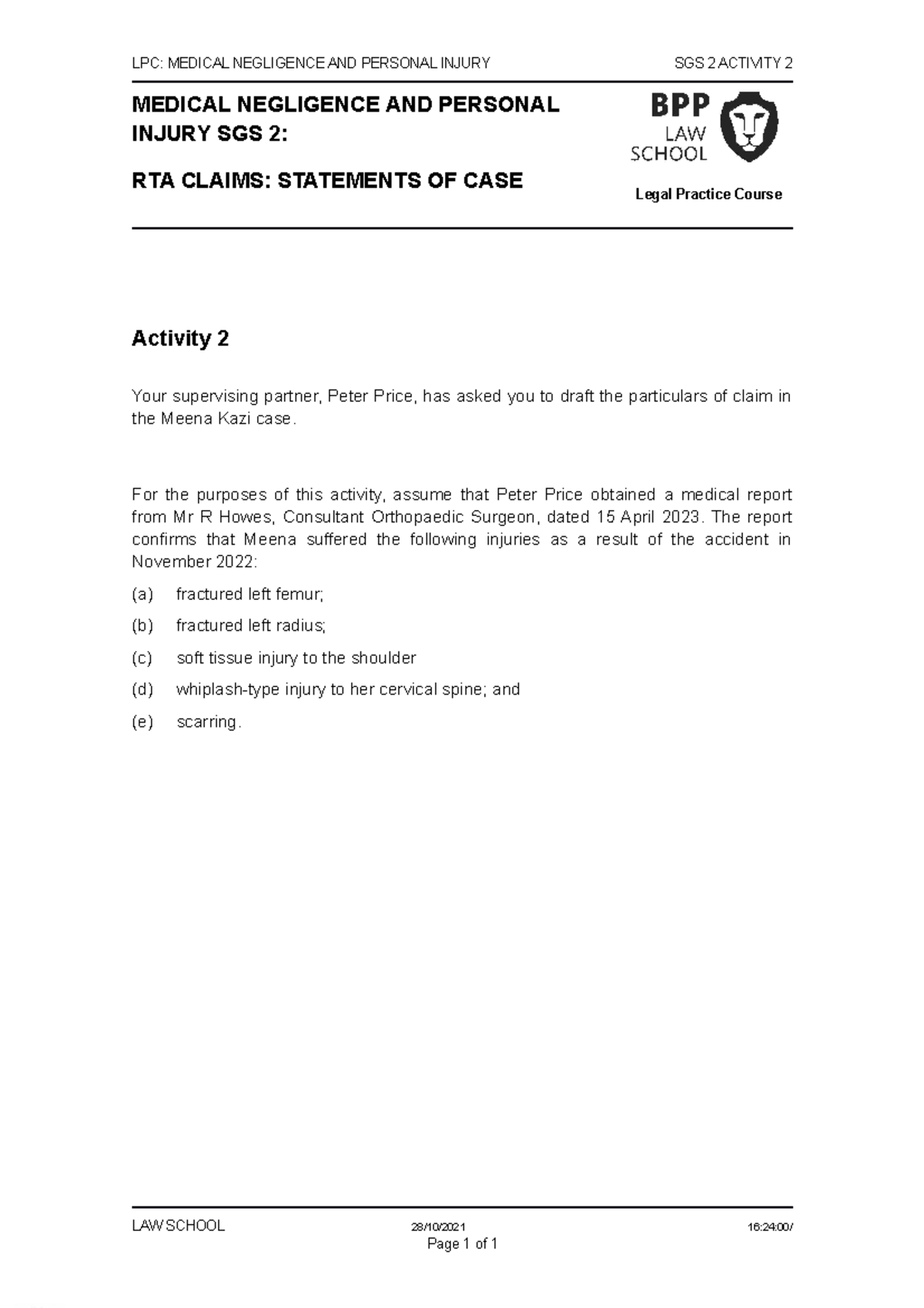 MNPI SGS 2 Activity 2 - LPC: MEDICAL NEGLIGENCE AND PERSONAL INJURY SGS ...