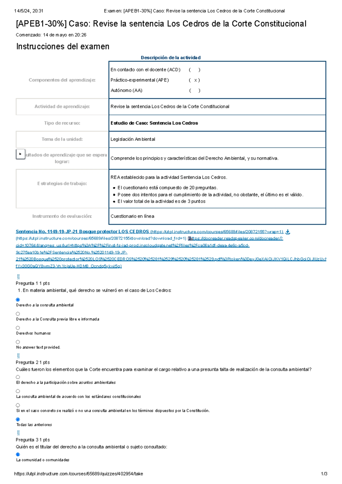 Examen [APEB 1-30%] Caso Revise la sentencia Los Cedros de la Corte Constitucional - [APEB1-30% ...
