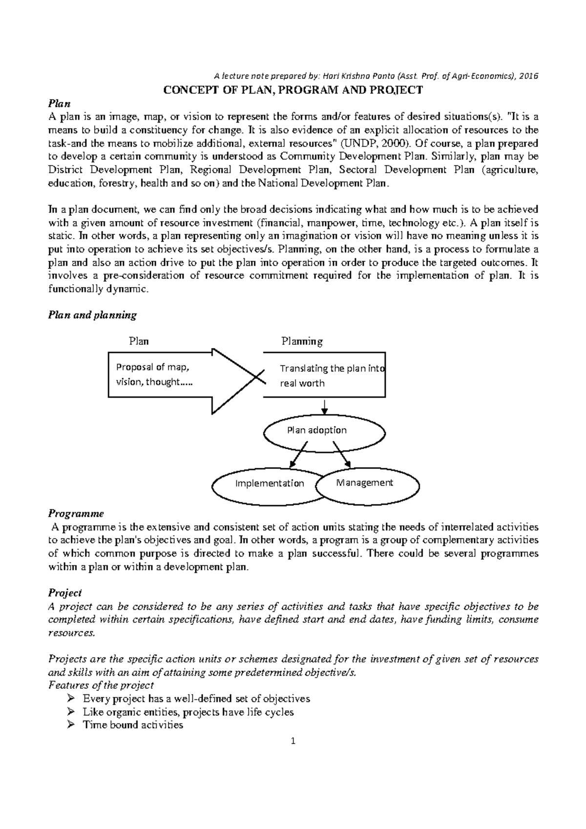 APP - ................ - CONCEPT OF PLAN, PROGRAM AND PROJECT Plan A ...