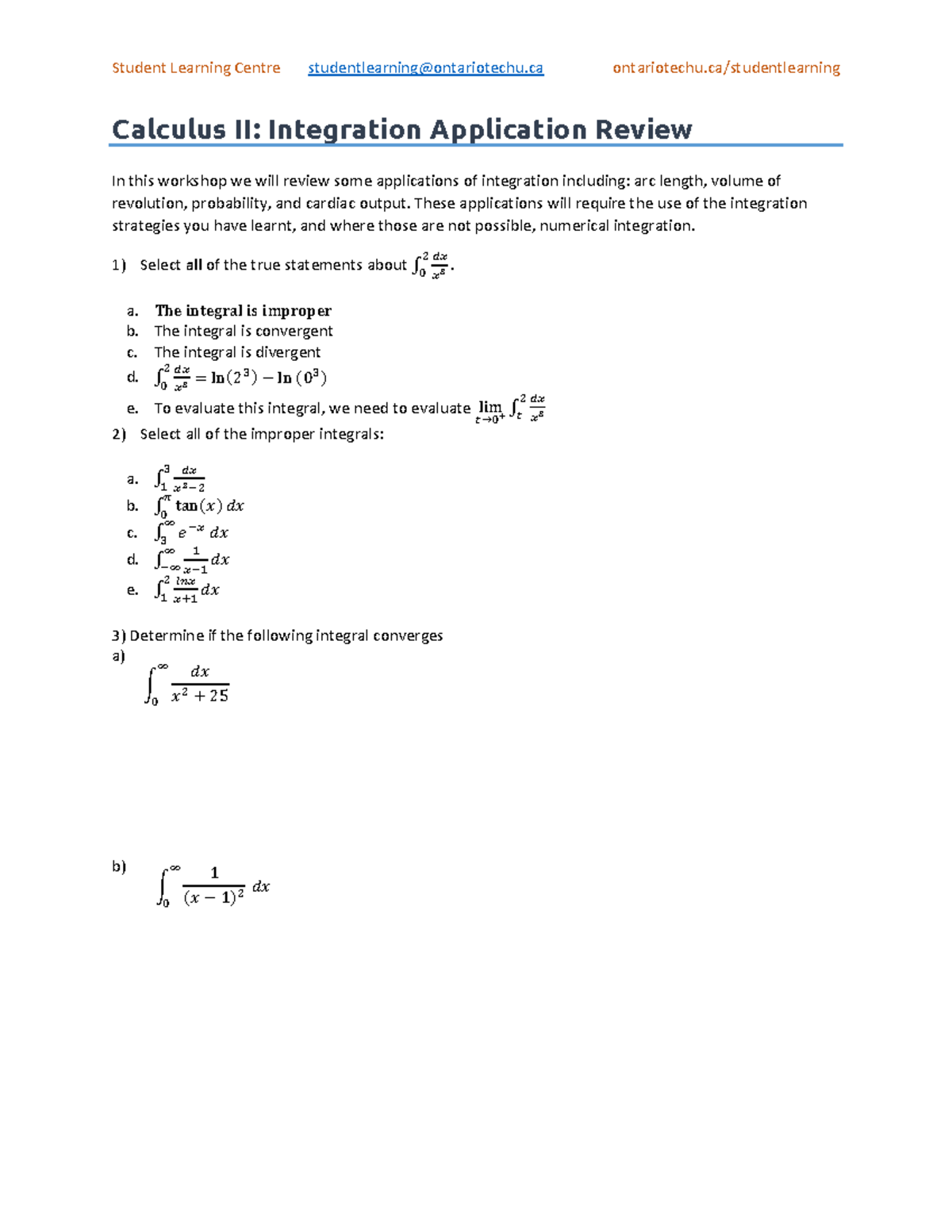 Improper Integrals and Applications of Integration W2024 - න 1 ሺ𝑥 െ 1ሻ ...