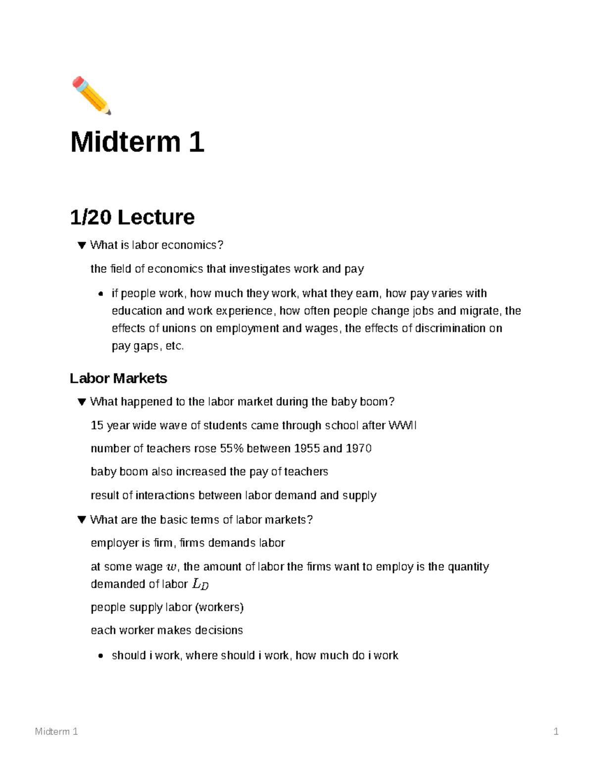 Midterm 1 - EC356 - ####### Midterm 1 1/20 Lecture What is labor economics? the field of ...