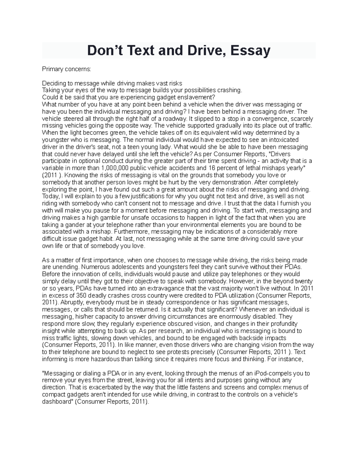 Don't text and drive essay - Don’t Text and Drive, Essay Primary ...