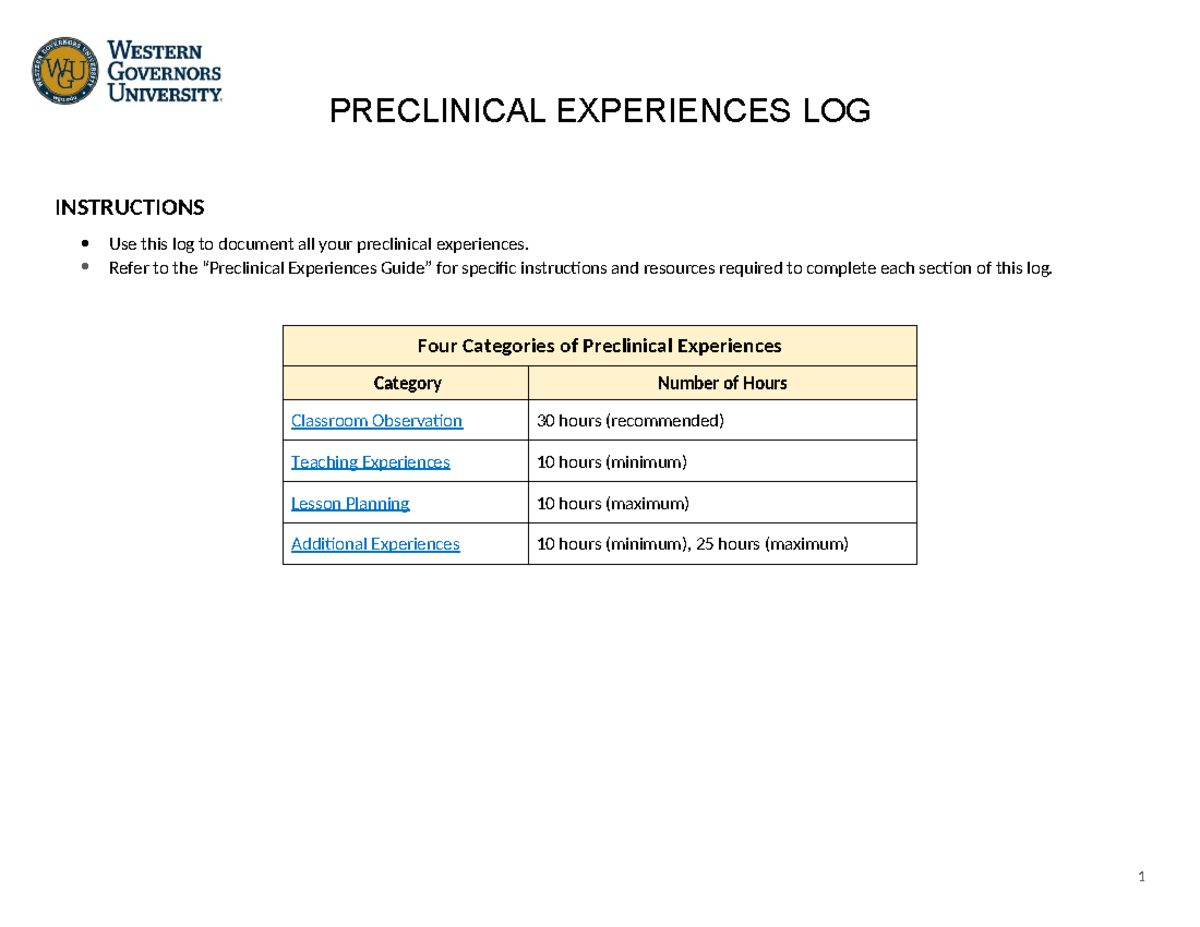 Preclinical experiences log - PRECLINICAL EXPERIENCES LOG INSTRUCTIONS ...