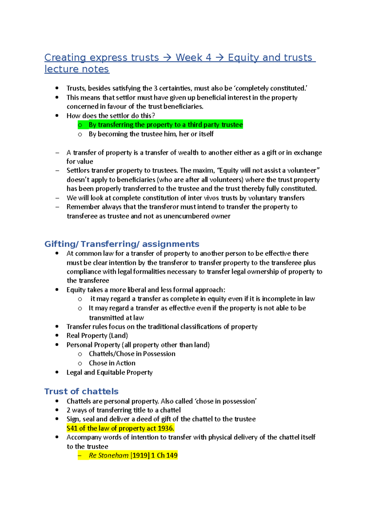 Creating express trusts week 4 lecture - Creating express trusts Week 4 Equity and trusts - Studocu