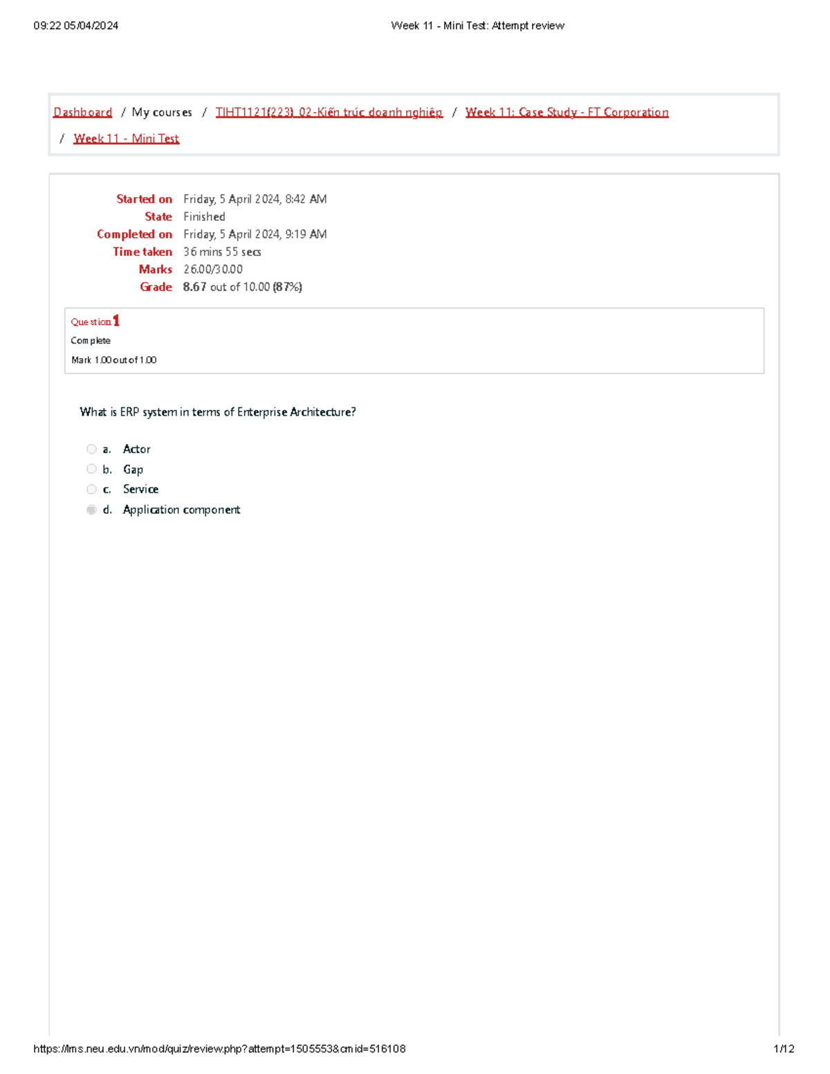 Week-11-Mini-Test -Attempt-review - Dashboard / My courses / TIHT1121 ...
