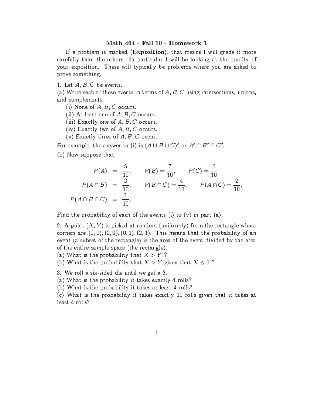 Hmwk1 - Homework assignment 1 - Math 464 Fall 10 Homework 1 If a ...