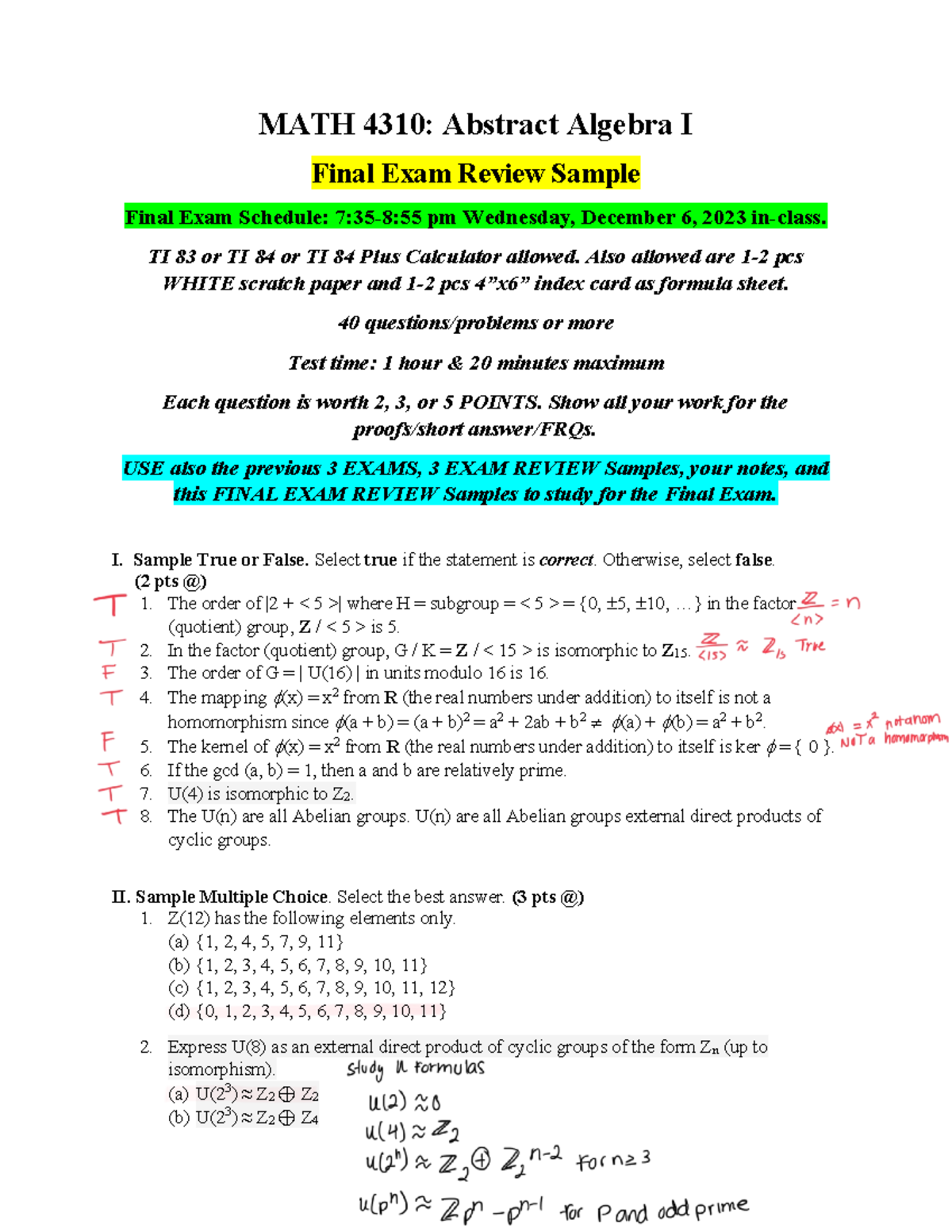 Exam Final Review Sample Abstract Algebra Fall 2023 Woutkey - MATH 4310: Abstract Algebra I ...