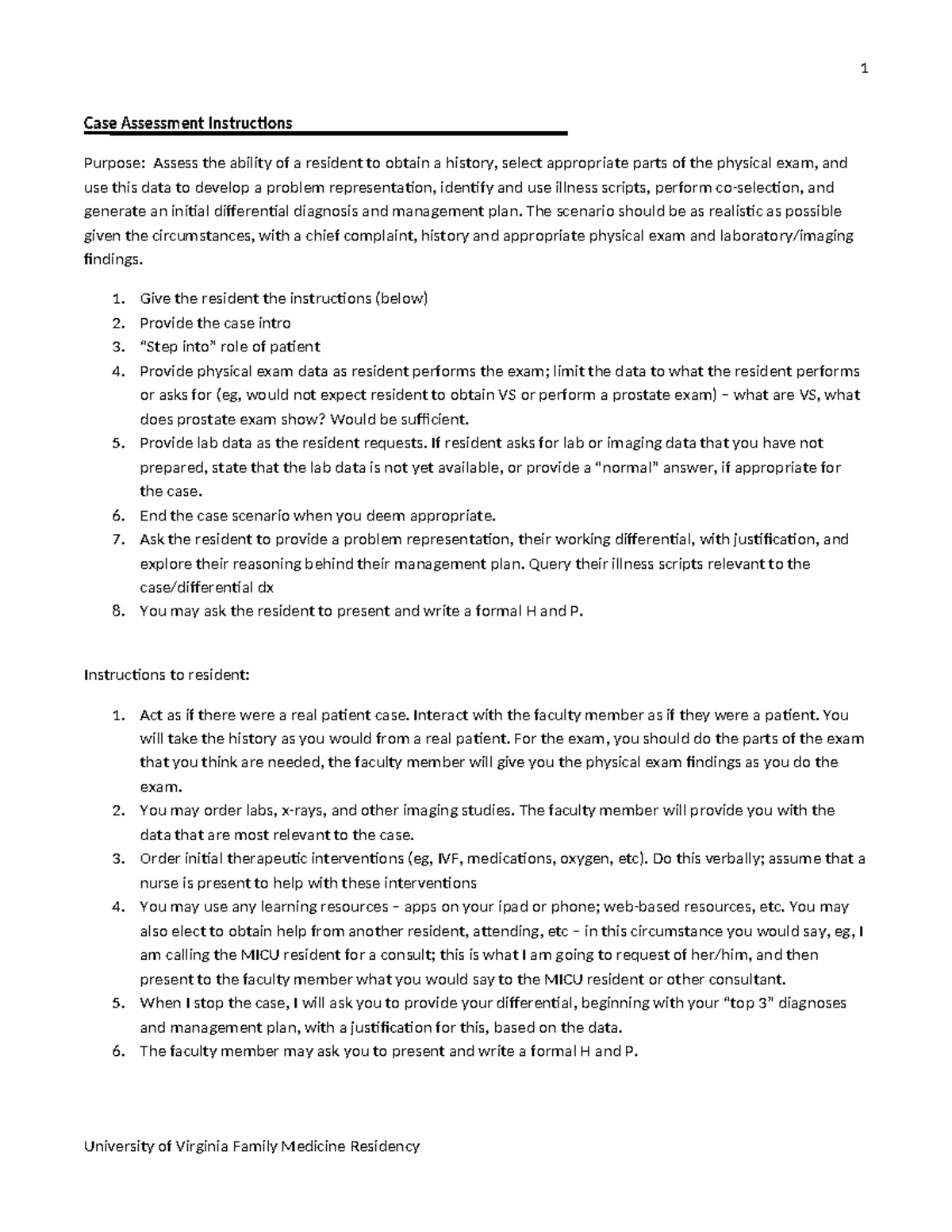 Clinical Reasoning Exercises Handout - Case Assessment Instructions ...
