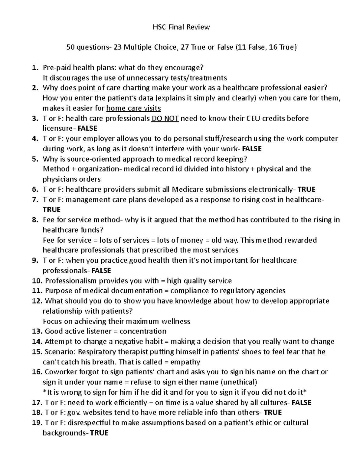 HSC Final Review - intro to healthcare - HSC Final Review 50 questions ...