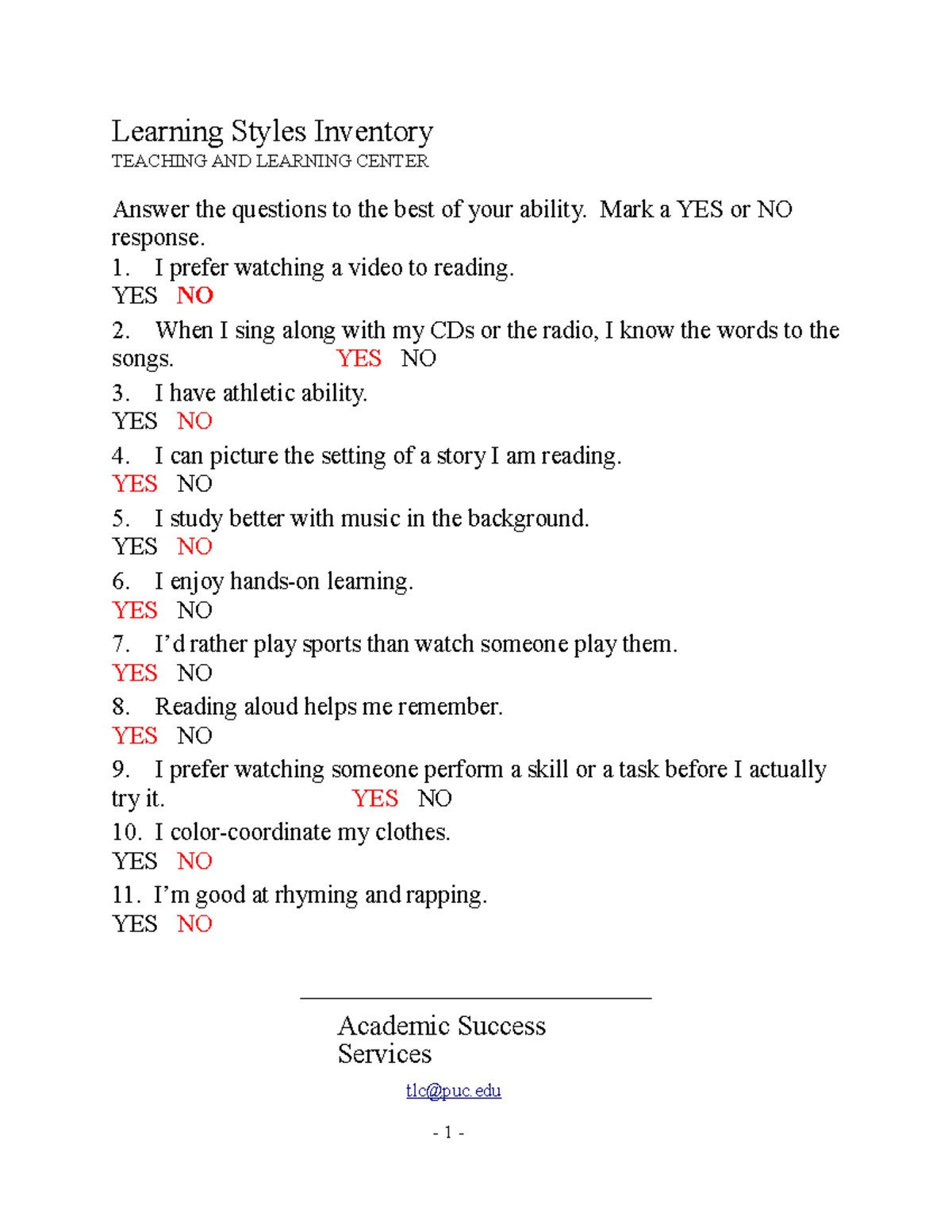 Appendix 1 (Learning Styles Inventory Topic 1) - Academic Success ...