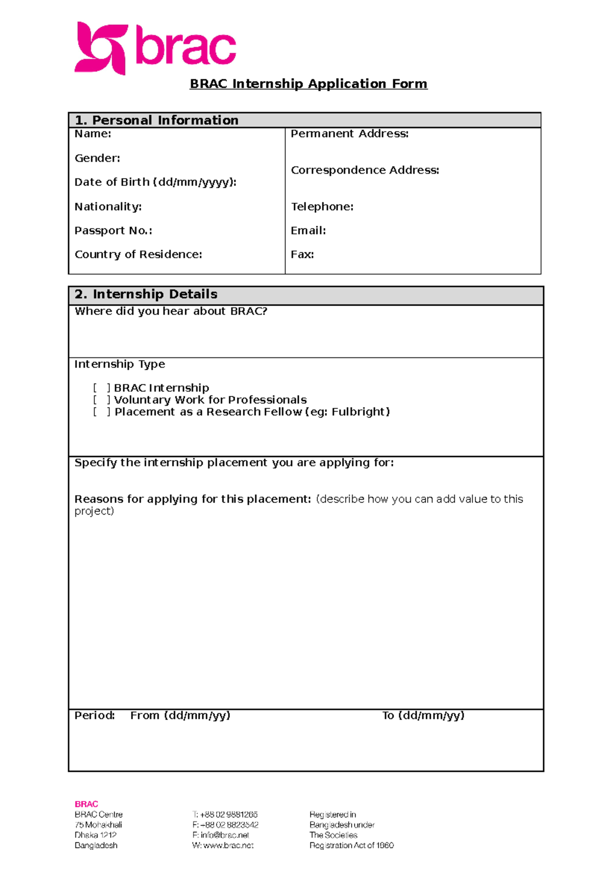 Internship Application Form - Personal Information Name: Gender: Date ...