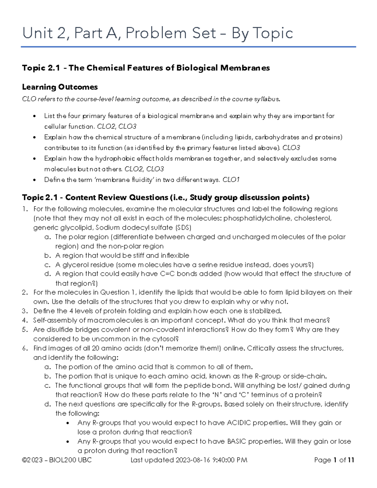 Unit2A Problem Set - Unit 2, Part A, Problem Set – By Topic Topic 2. 1 – The Chemical Features ...