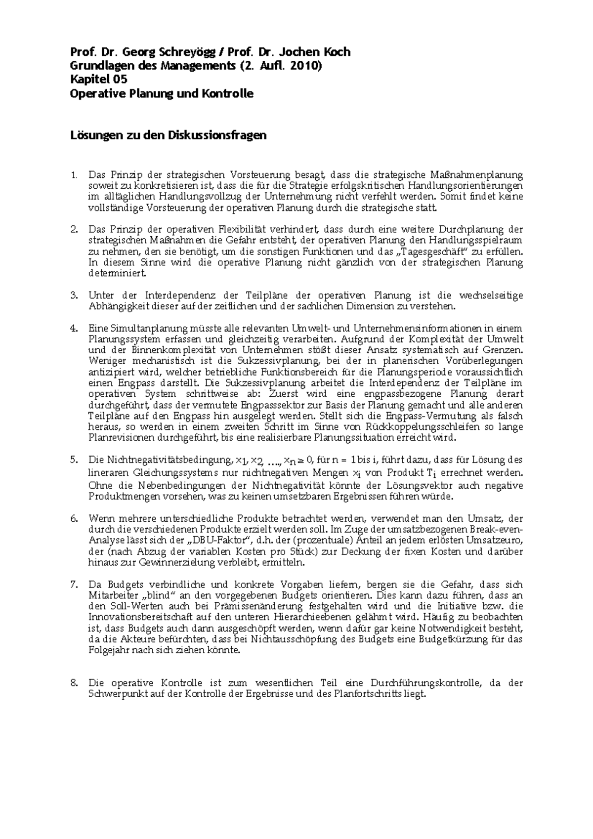 Übungen - Lösungen Zu Den Diskussionsfragen, Operative Planung Und ...