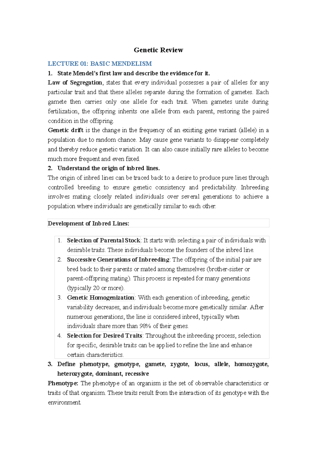 Genetic Review all notes - Genetic Review LECTURE 01: BASIC MENDELISM ...
