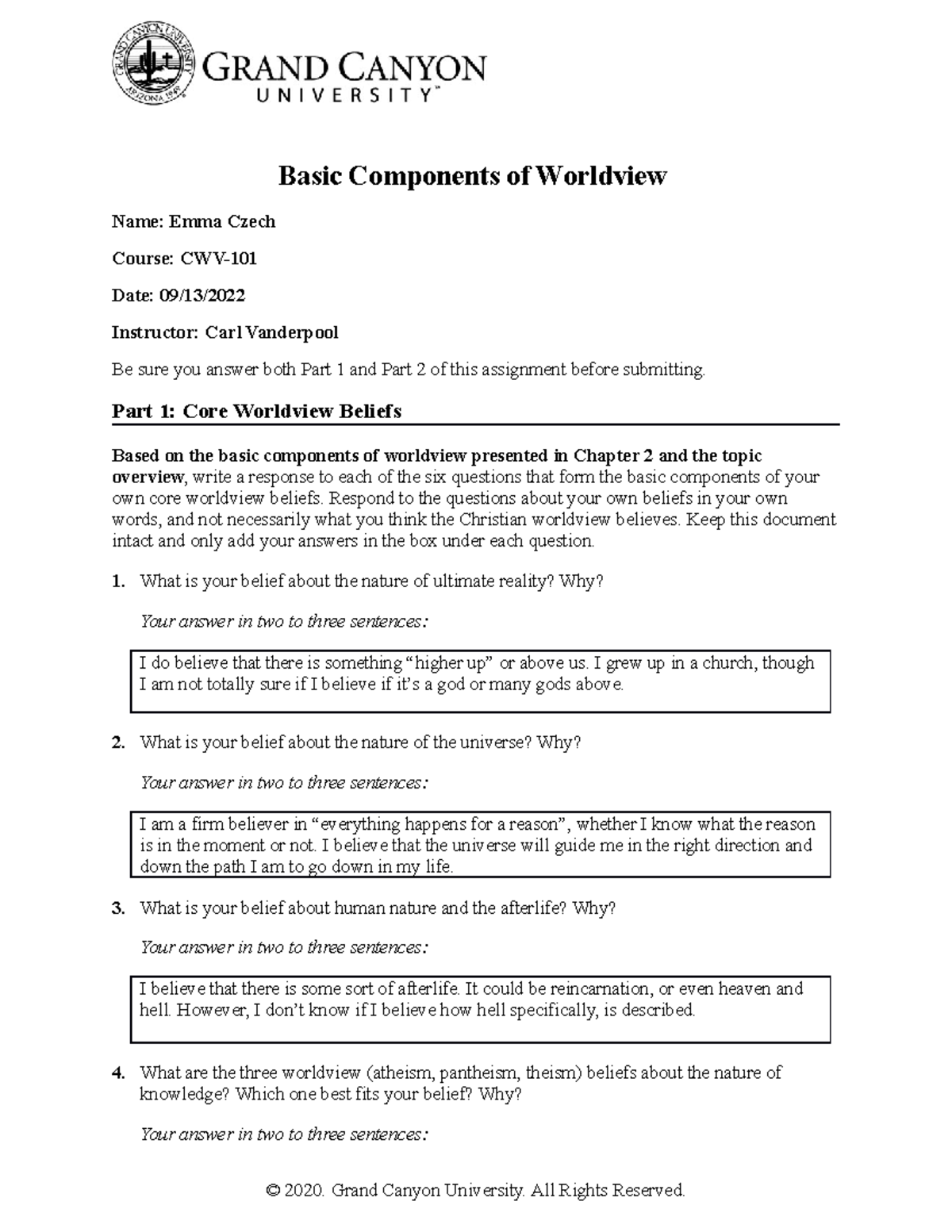 Basic Components Of Worldview Assignment - Basic Components of ...