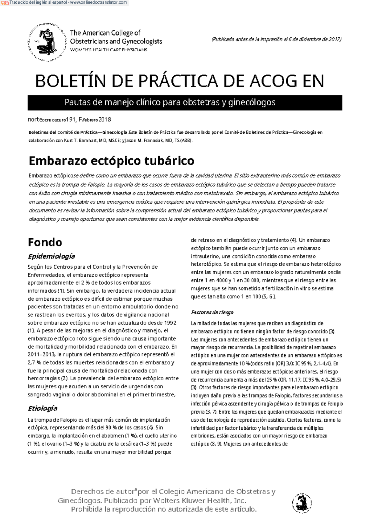 ACOG Practice Bulletin Tubal Ectopic Pregnancy - (Publicado antes de la ...