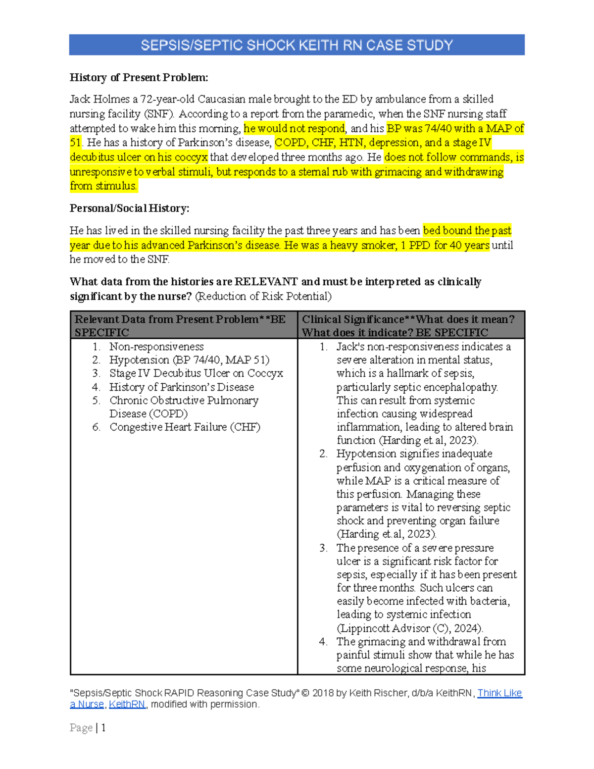 Sepsis Case Study - History of Present Problem: Jack Holmes a 72-year ...