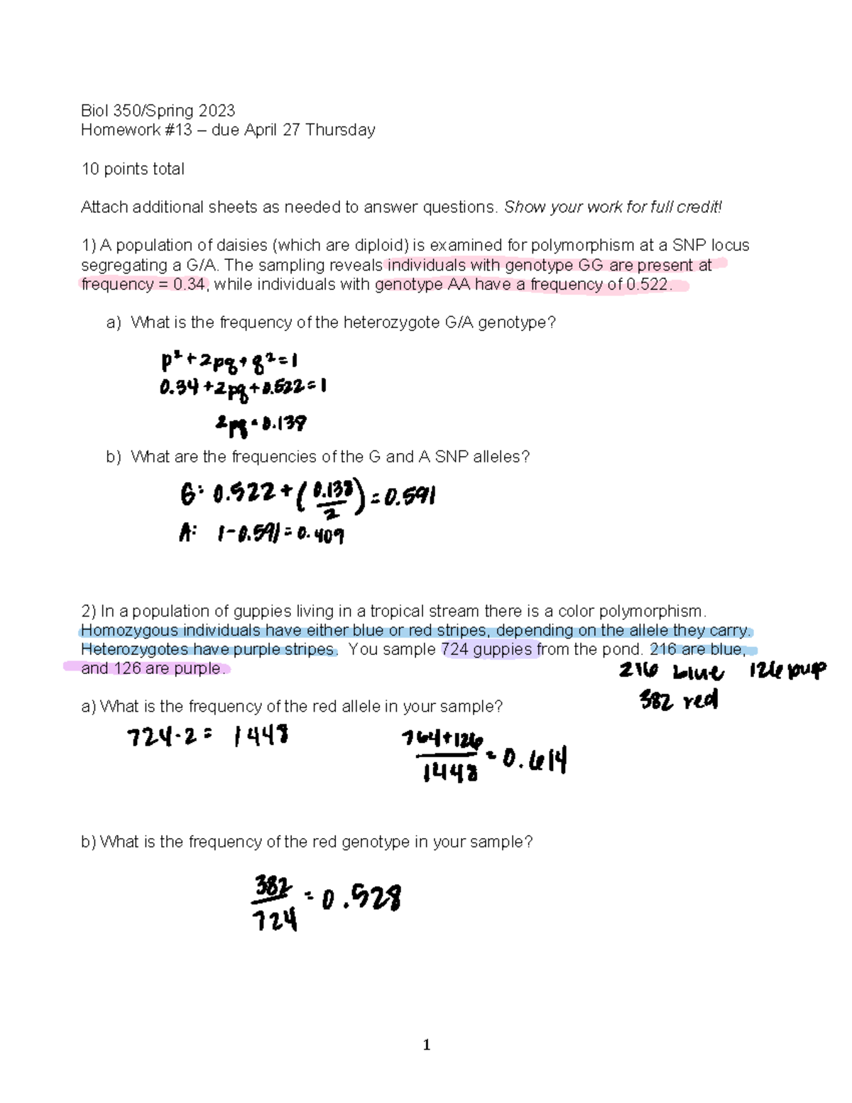 Genetics Homework 13 - Class taken by Dr. Holder and Dr. Choi ...