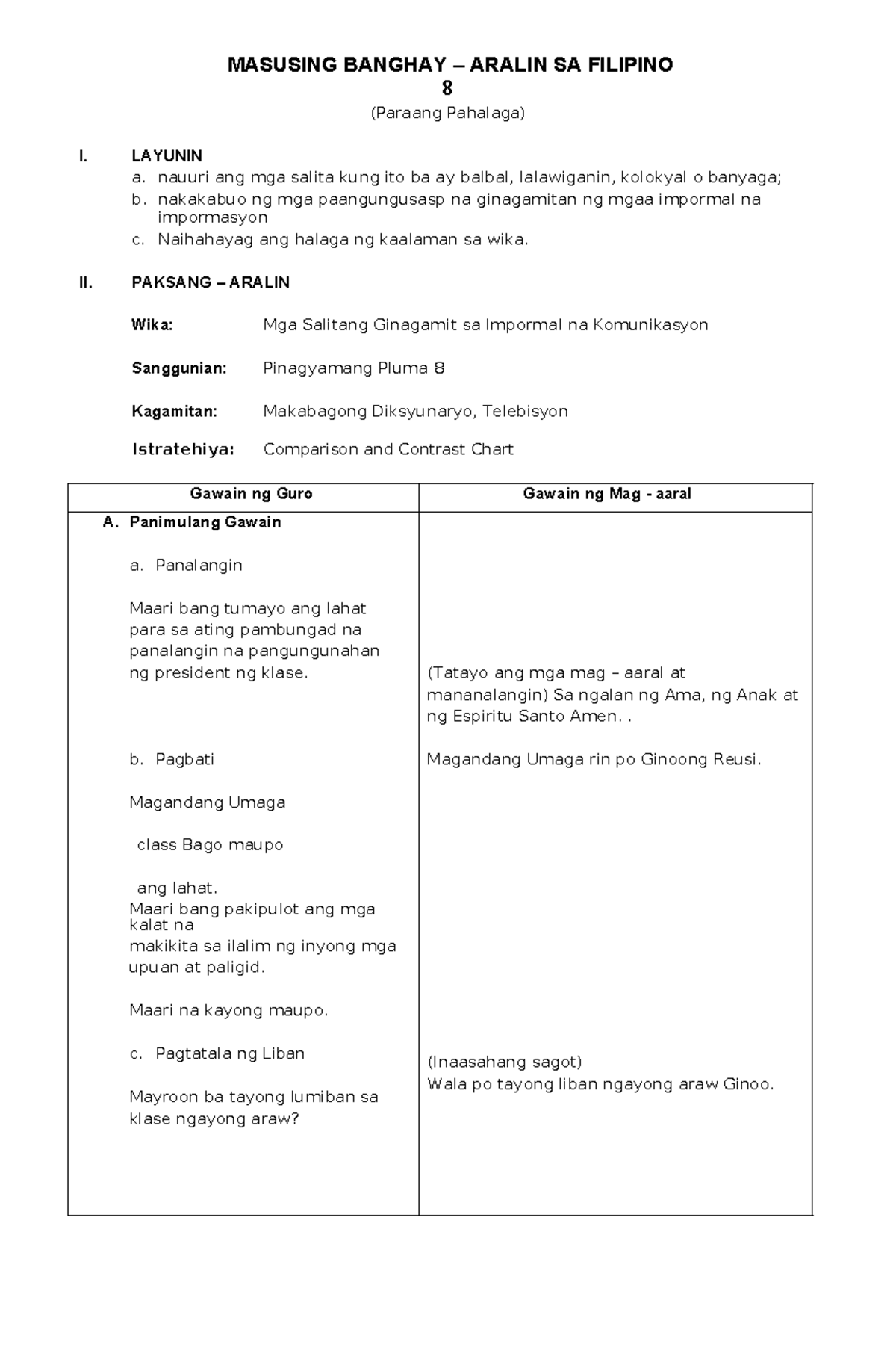 New lesson plan - MASUSING BANGHAY – ARALIN SA FILIPINO 8 (Paraang ...