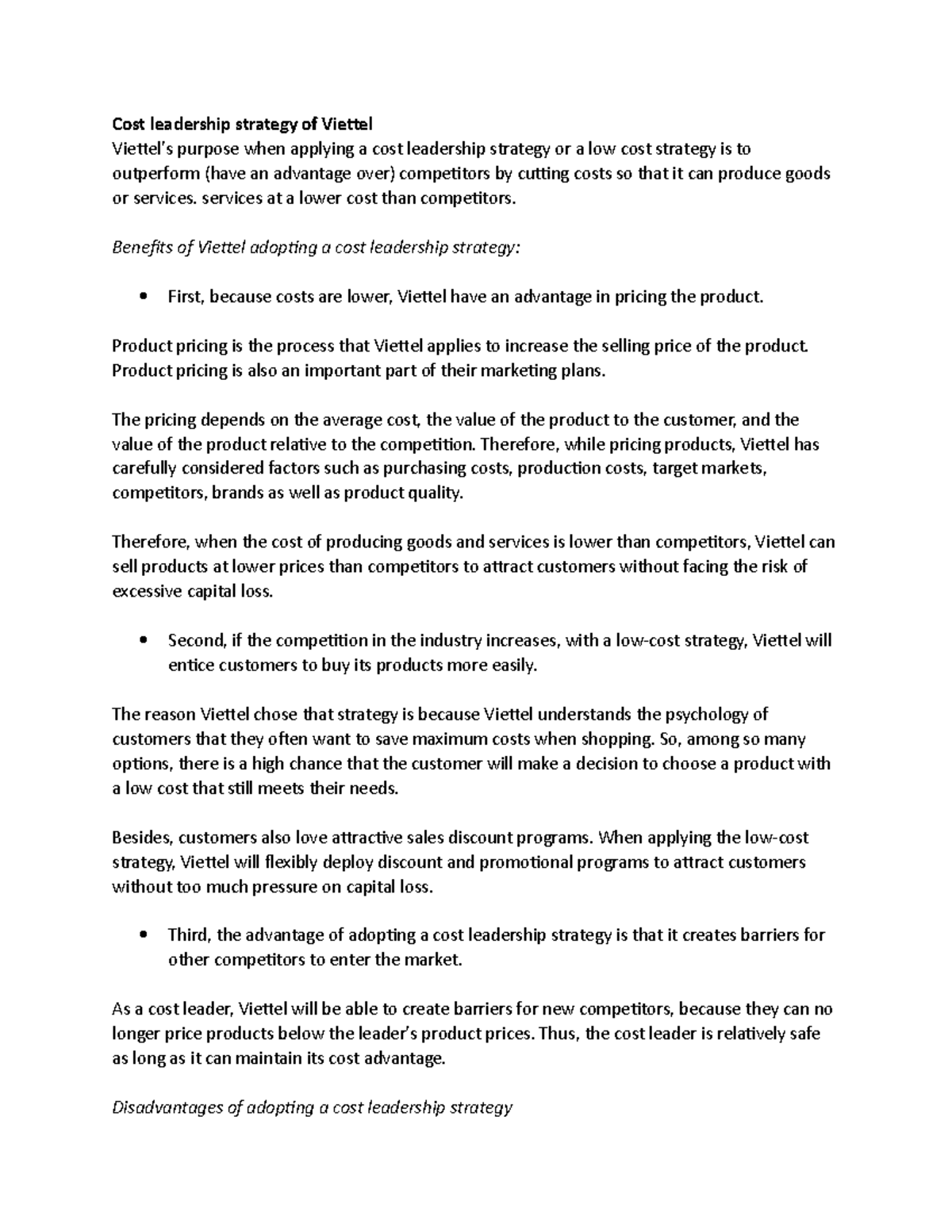 Cost leadership strategy of Viettel - Cost leadership strategy of ...