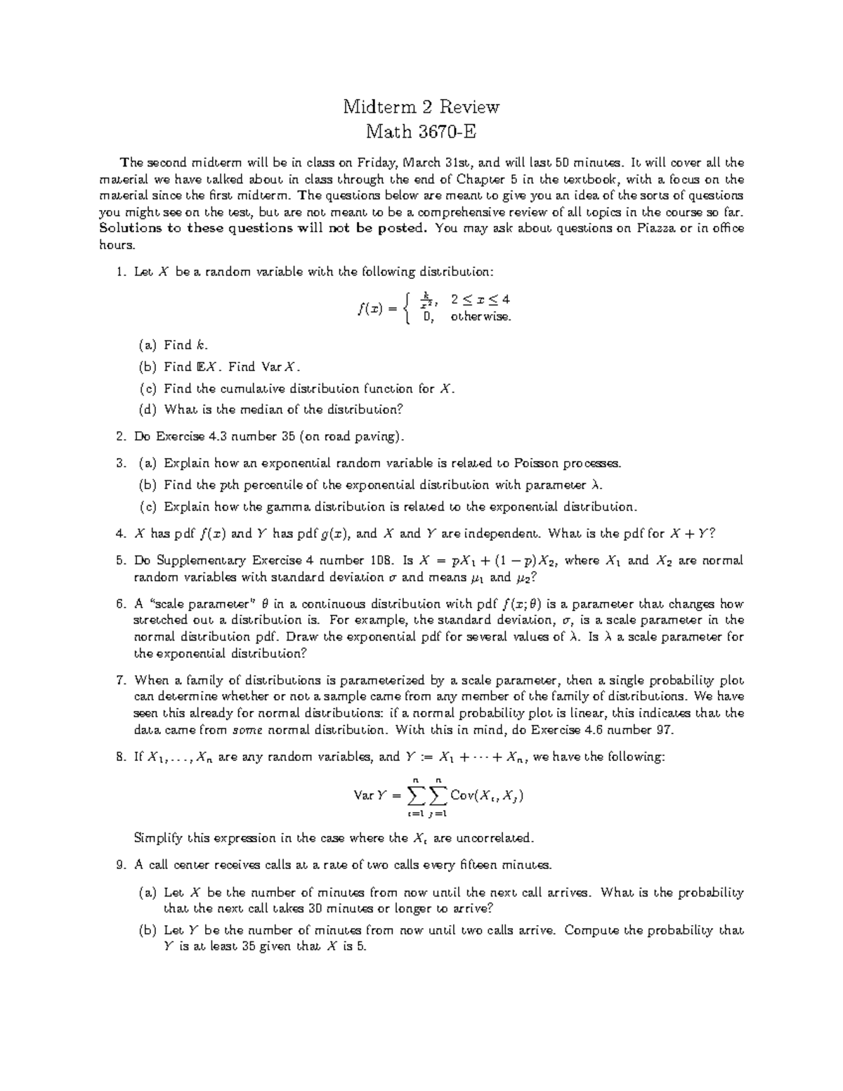 SP17 Midterm 2 Question Bank - Midterm 2 Review Math 3670-E The second ...