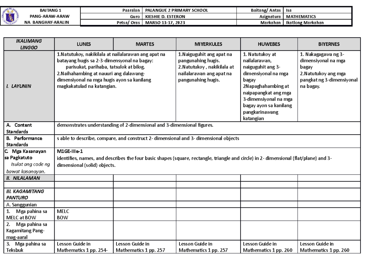 MATH1-Q3-WEEK5 - Learning Plan - BAITANG 1 PANG-ARAW-ARAW NA BANGHAY-ARALIN Paaralan PALANGUE 2 ...