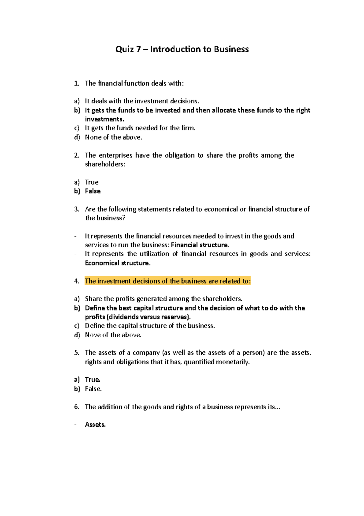 Quizzes Business 2 - quiz tipo test - Quiz 7 – Introduction to Business ...