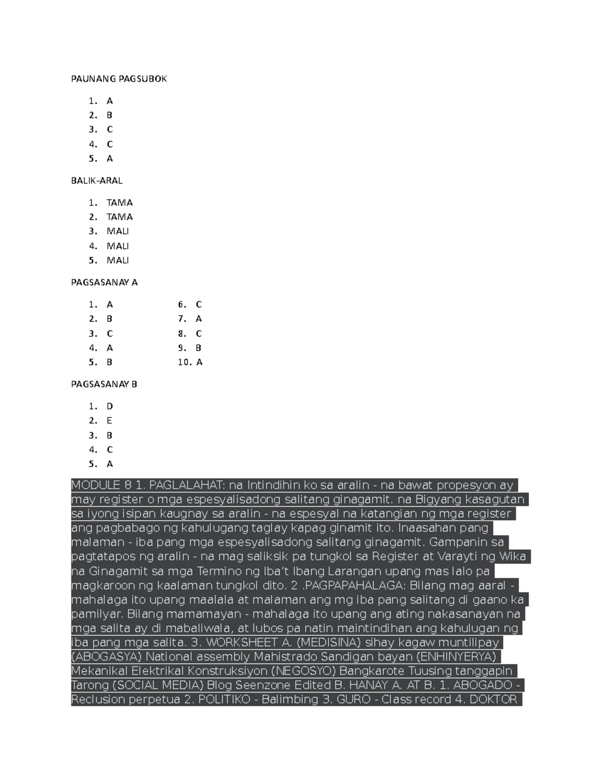 Paunang Pagsubok - sorry prank - PAUNANG PAGSUBOK A B C C A BALIK-ARAL ...