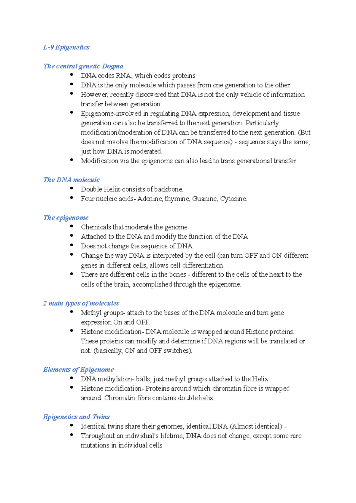 BIOL1310 lecture 9 - Epigenetics - L-9 Epigenetics The central genetic ...