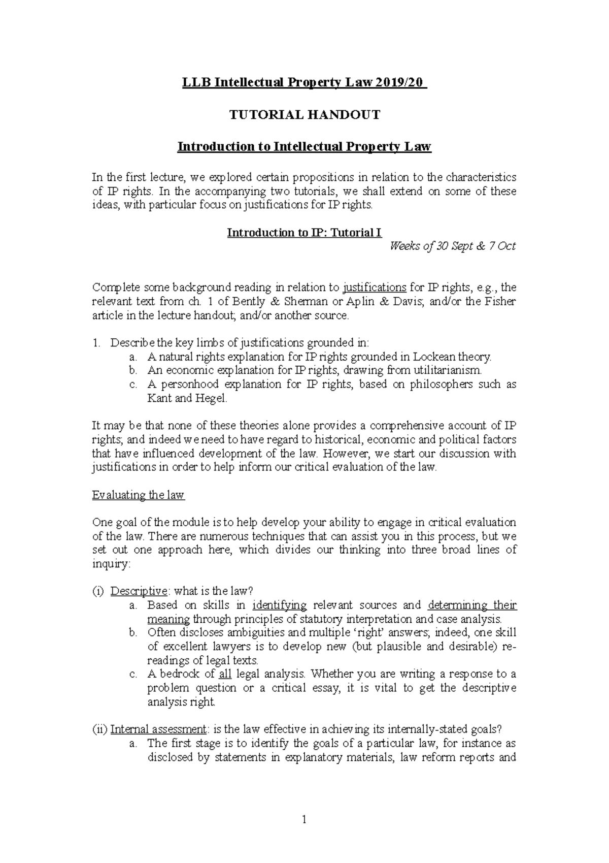 IPL Tutorial Handout Intro to IP 2019 20 - LLB Intellectual Property Law 2019/ TUTORIAL HANDOUT ...