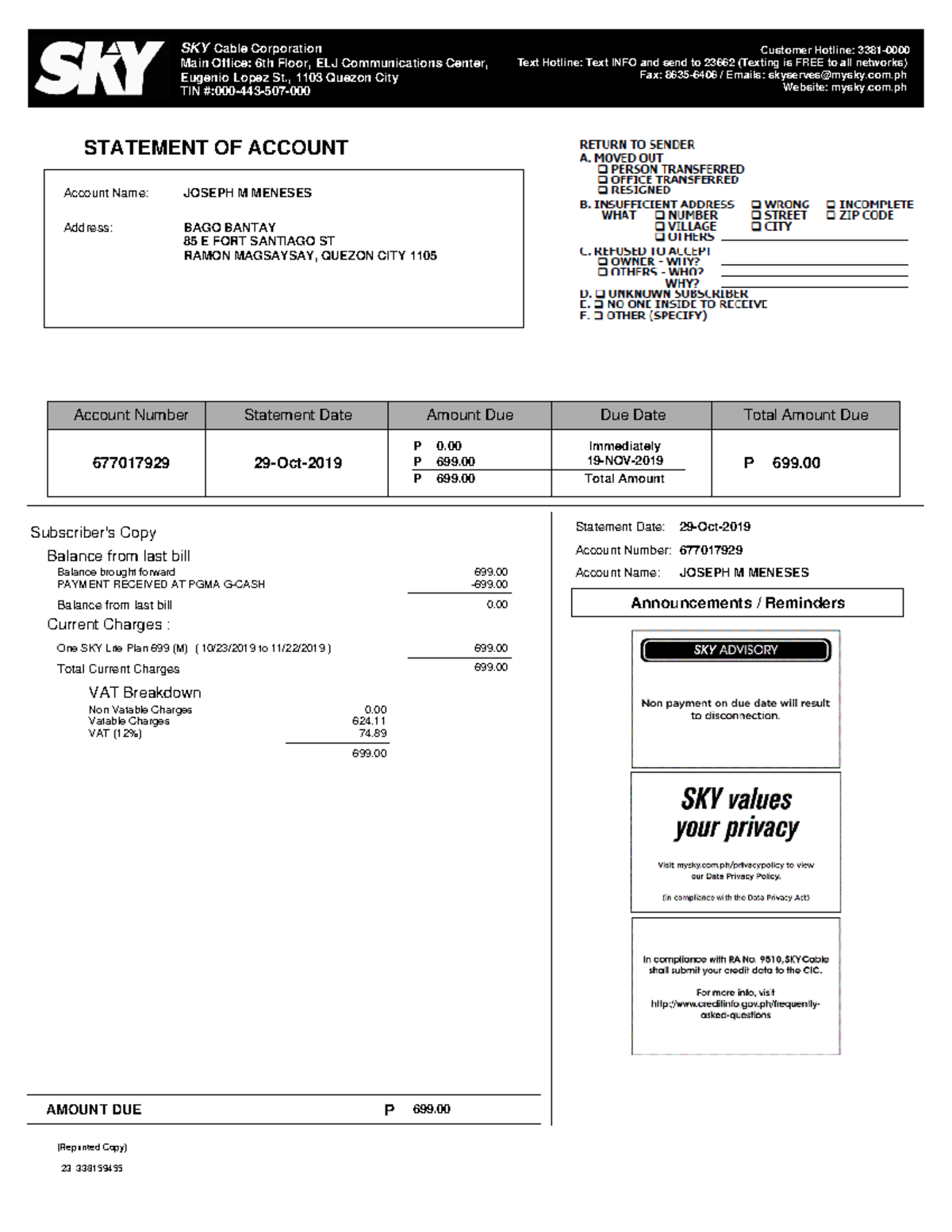PdfcoffeeSample - AMOUNT DUE P 699. 699. Subscriber's Copy Balance from ...