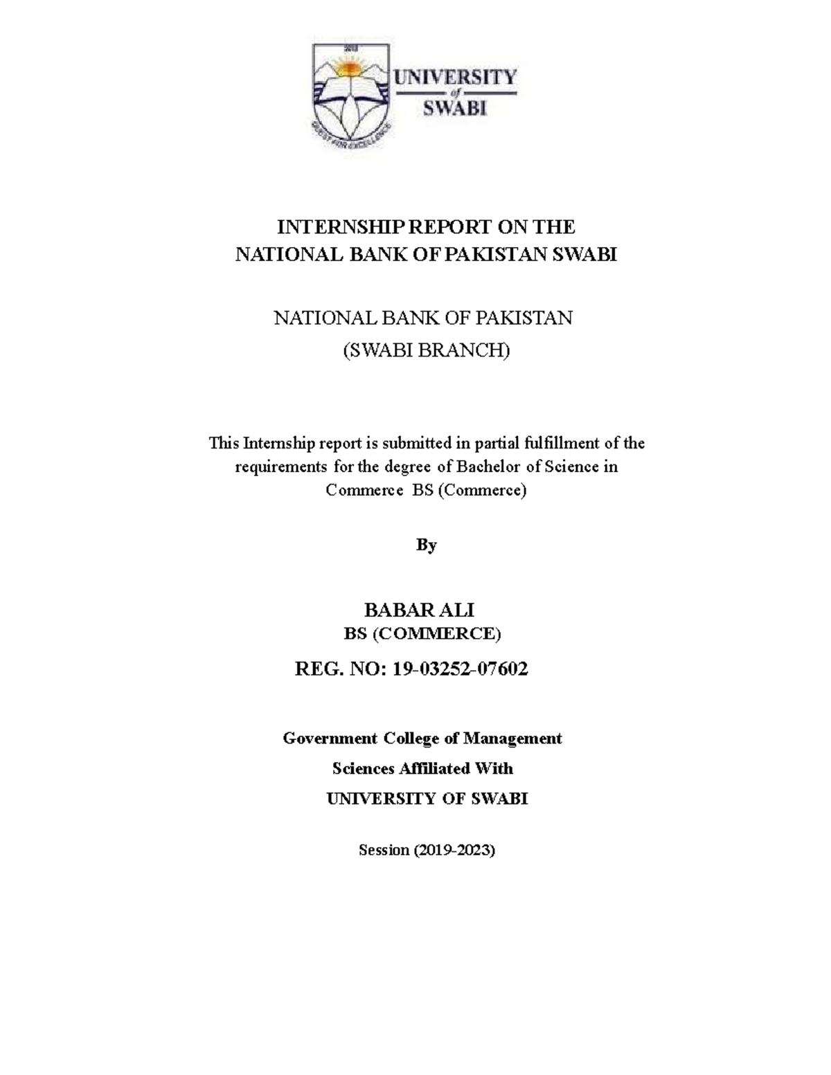 Babar ALI - INTERNSHIP REPORT ON THE NATIONAL BANK OF PAKISTAN SWABI ...