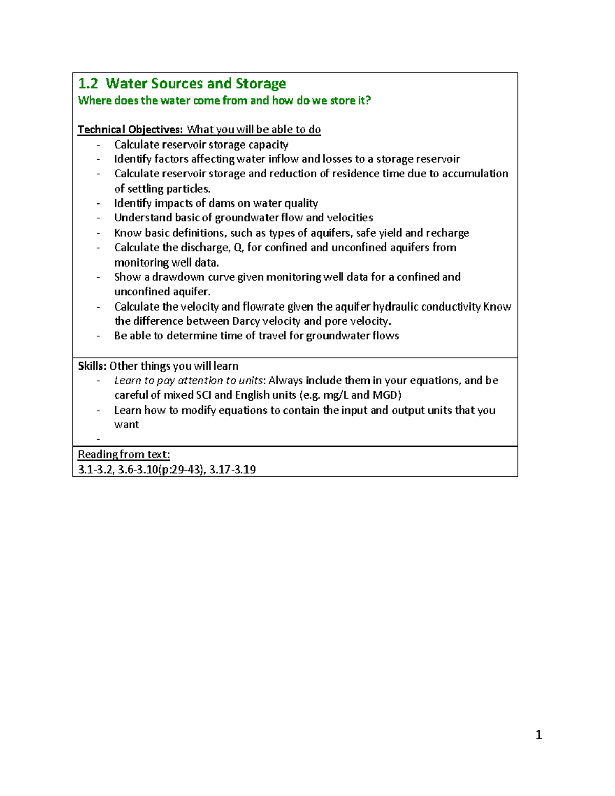 1.2 Water Sources (Storage, Groundwater). Handout. 1-2-20 - 1 Water ...