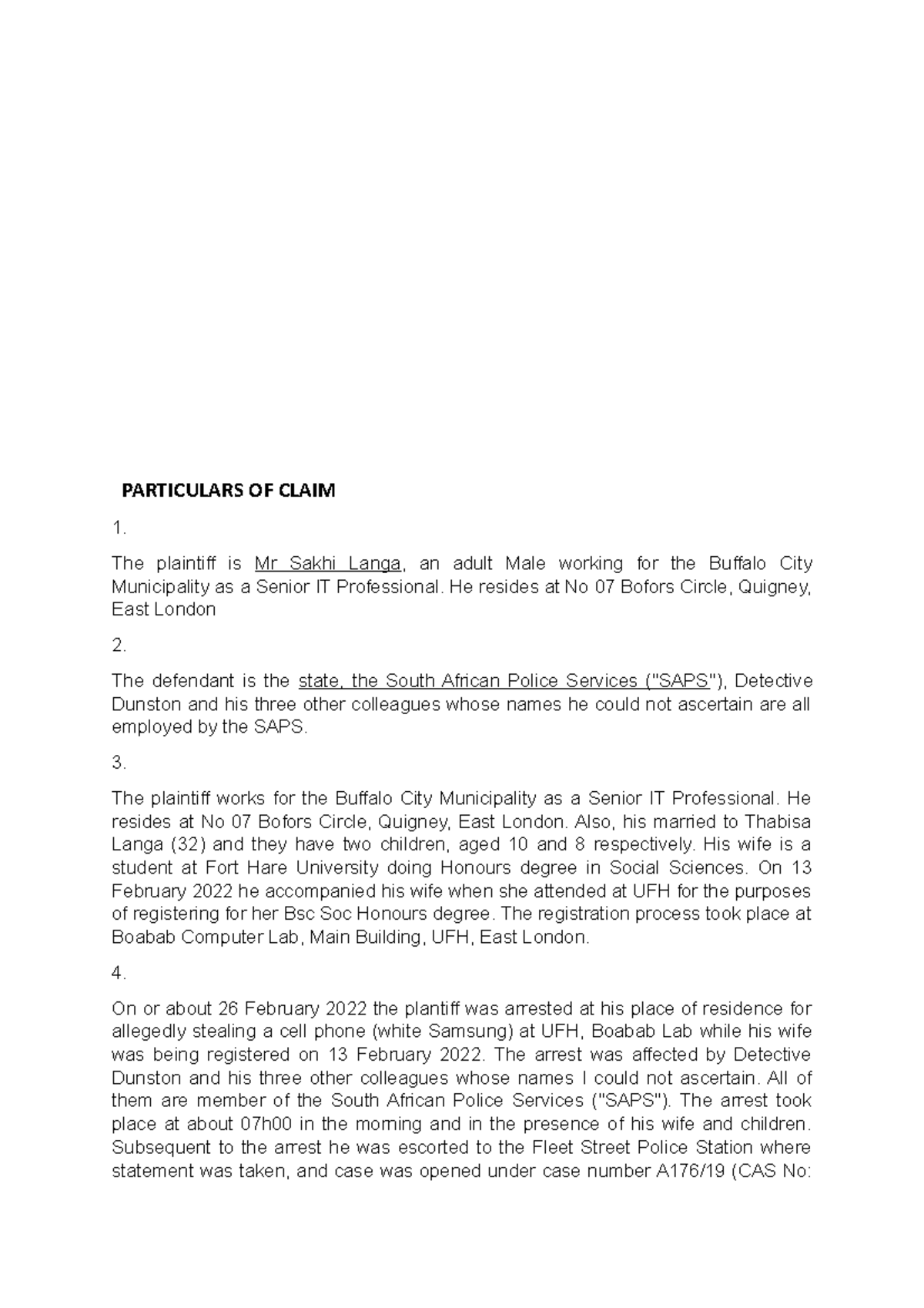 Particulars OF Claim for my client for your client in a civil matter ...