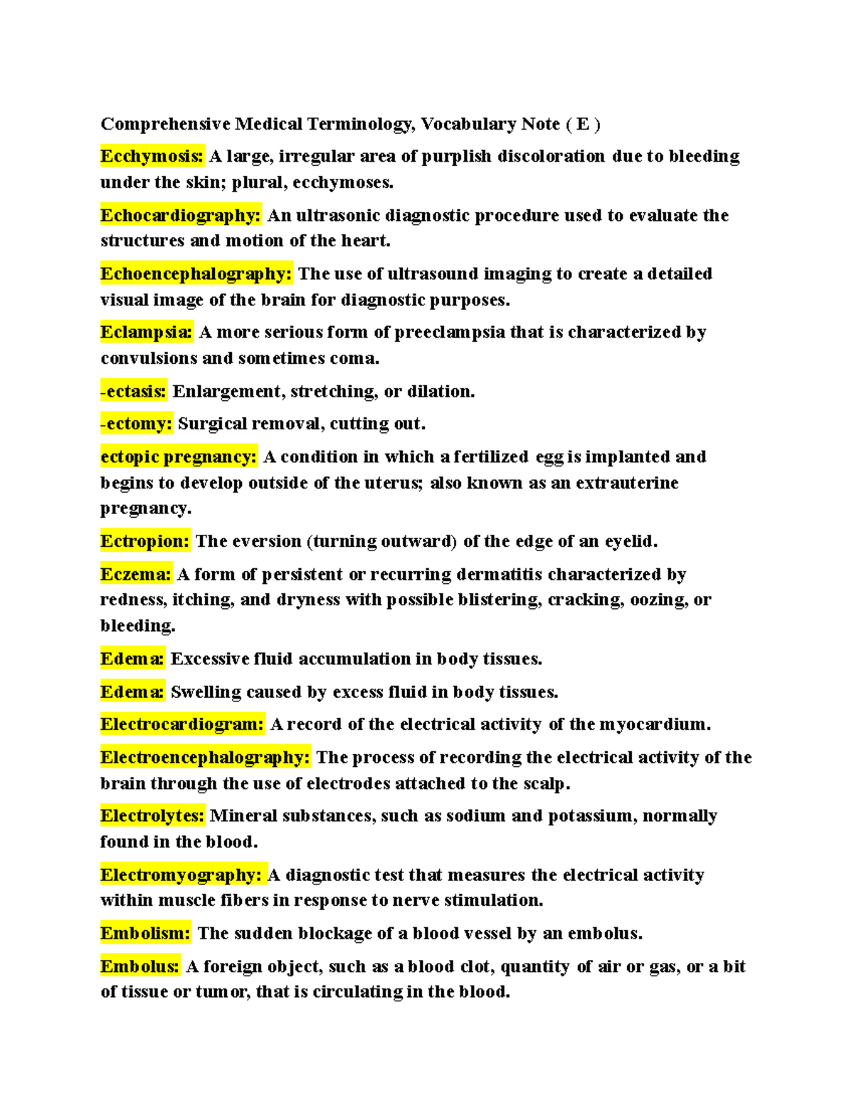 Vocabulary Note ( E ) - Comprehensive Medical Terminology, Vocabulary ...