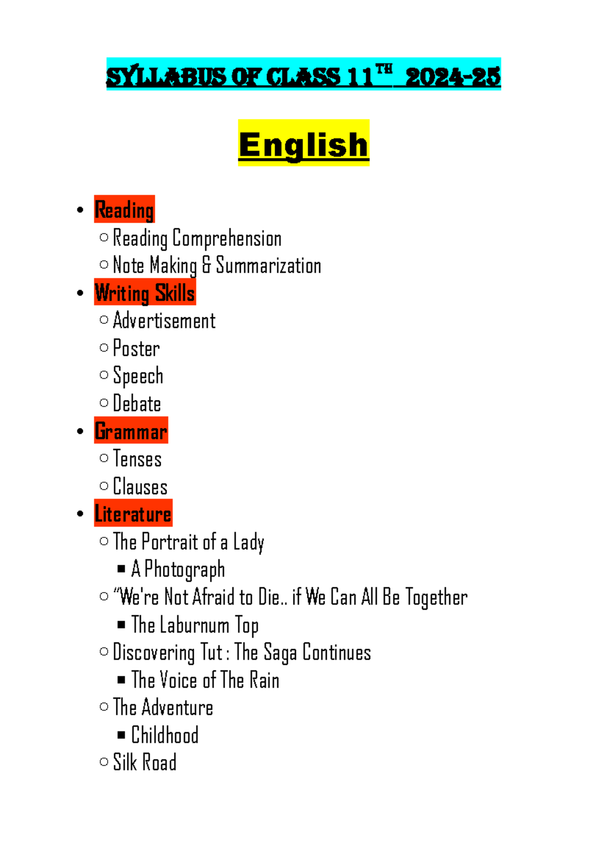 Class 11 eng and cs - Syllabus of Class 11 th 2024- English Reading ...