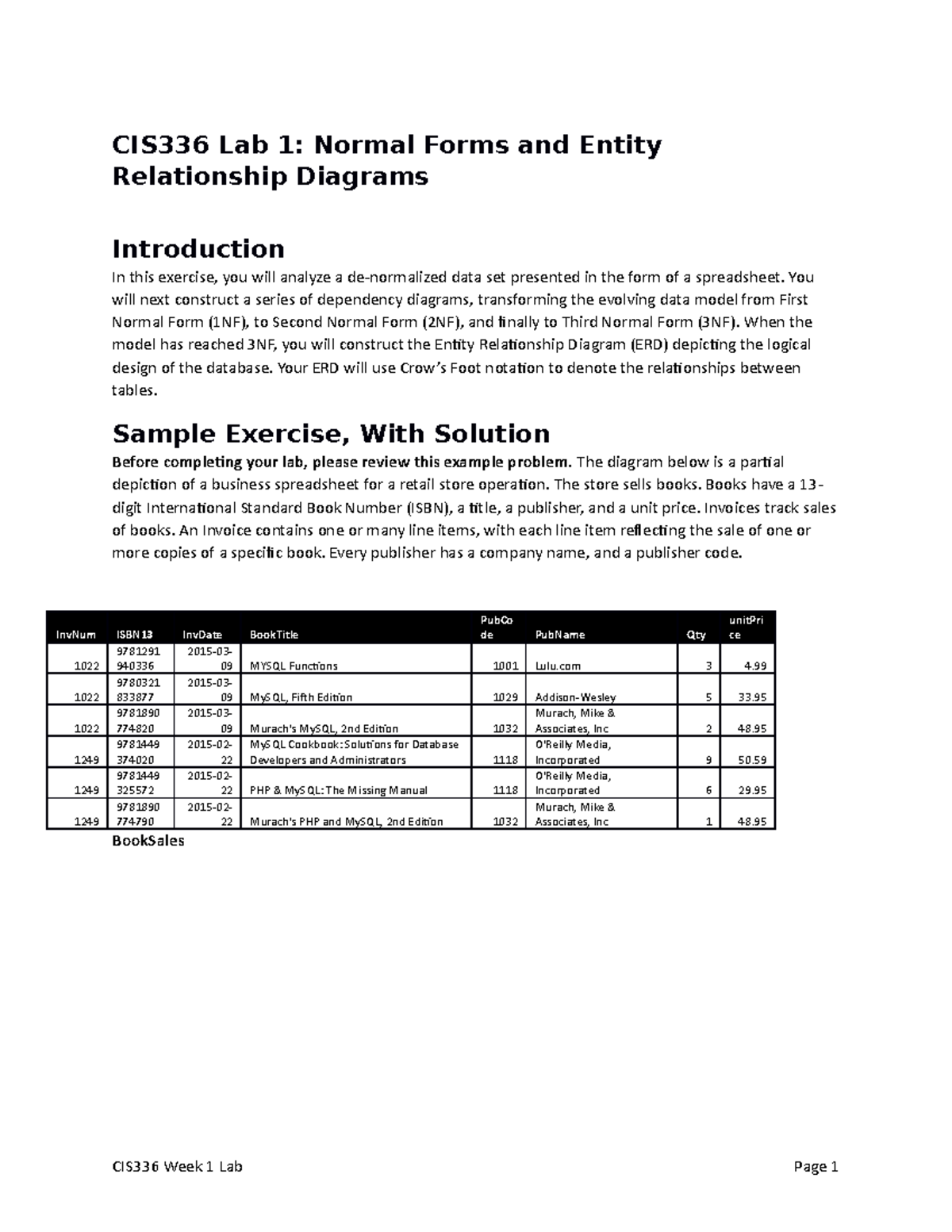 CIS336 Lab1 Instructions - CIS336 Lab 1: Normal Forms and Entity Relationship Diagrams ...