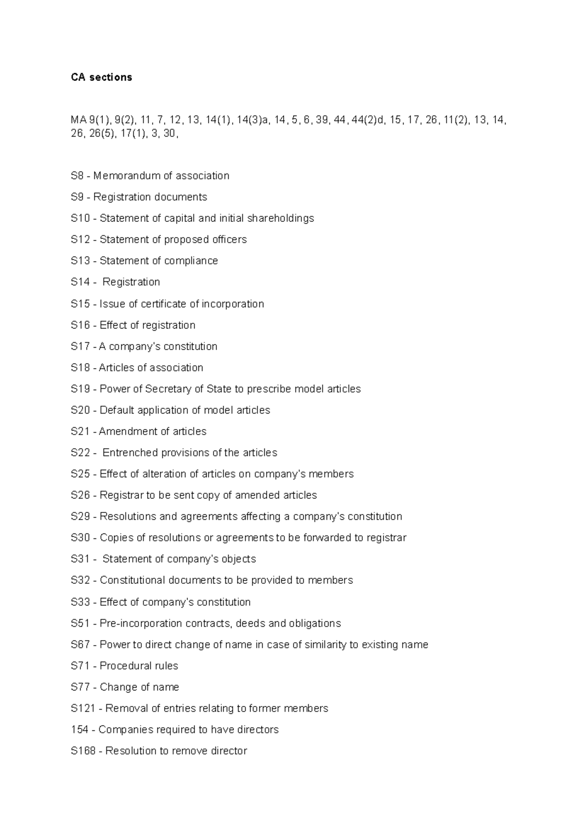 CA sections - CA sections MA 9(1), 9(2), 11, 7, 12, 13, 14(1), 14(3)a ...